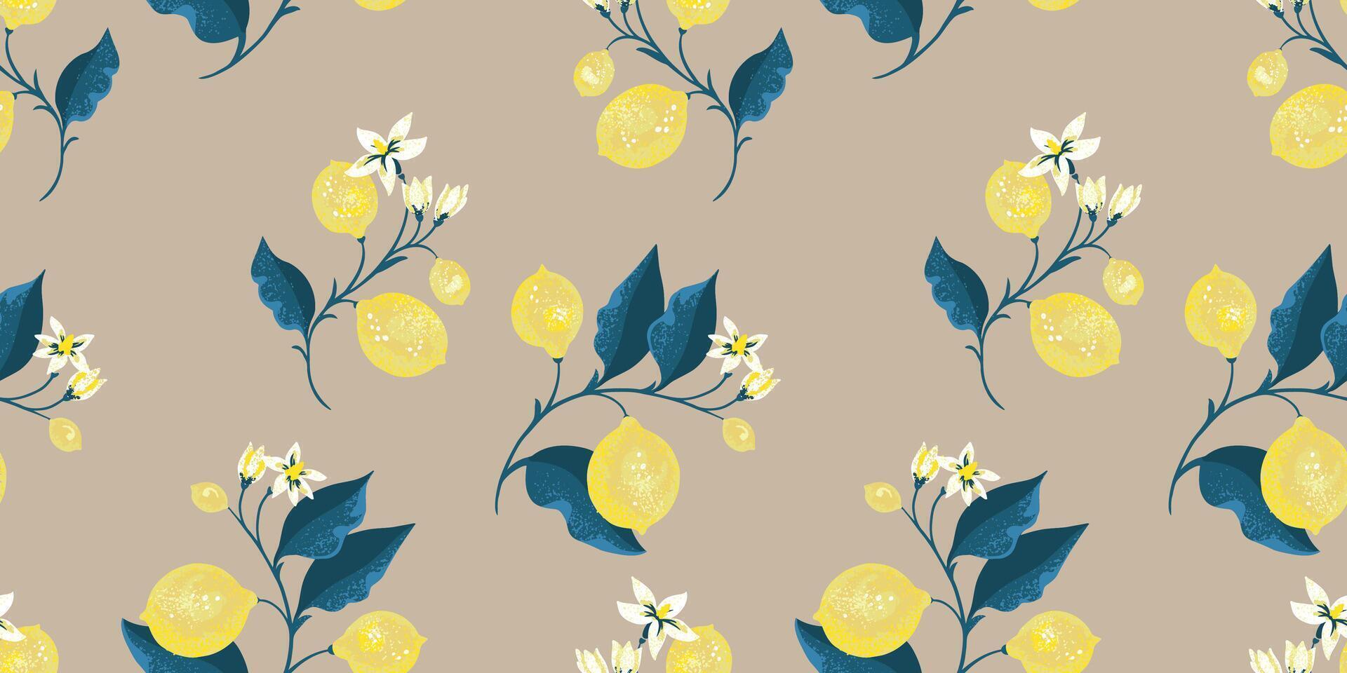 Blooming lemons on branch with leaves scattered randomly on a seamless pattern. hand drawing ...