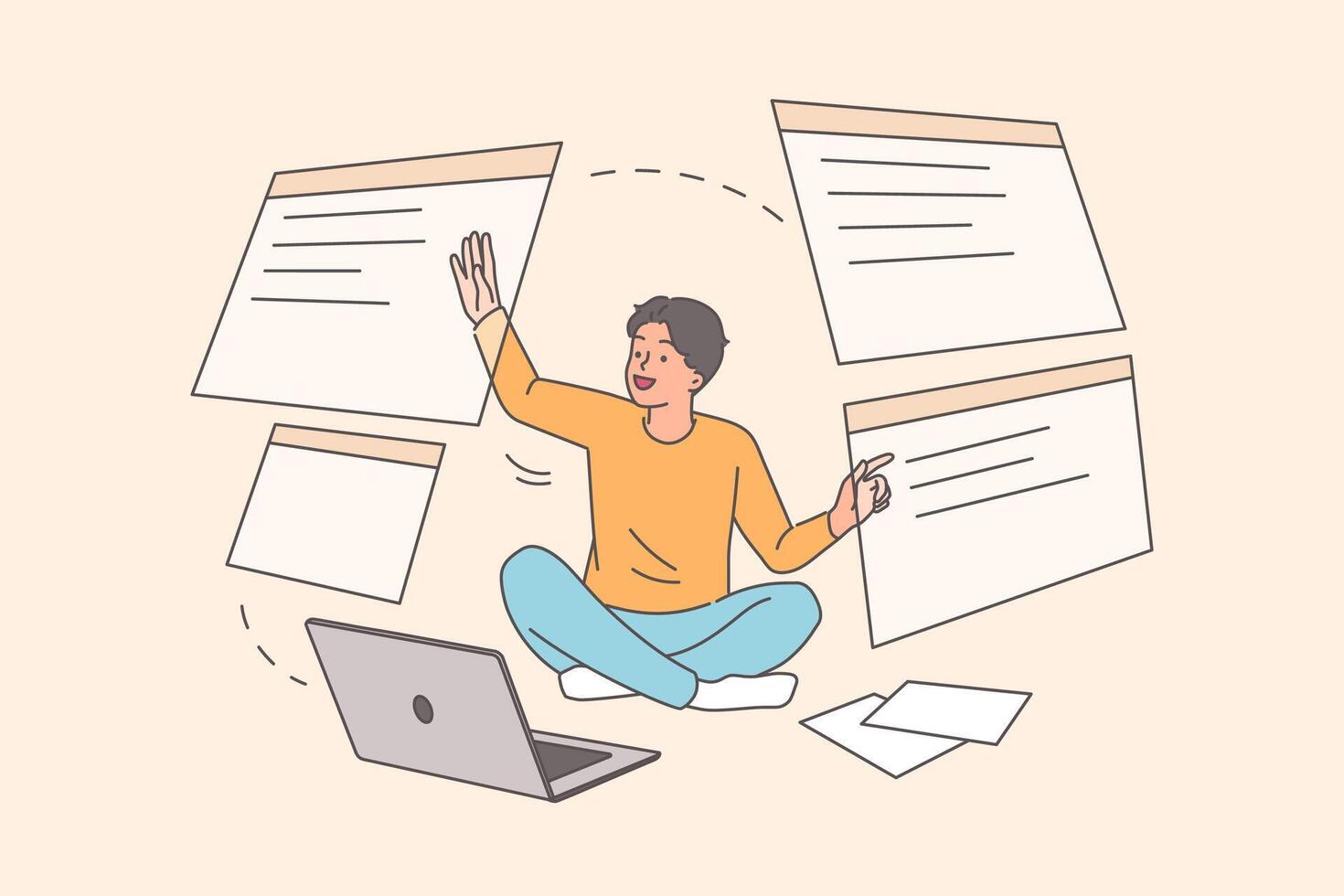 Man Programmer Develops Ui And Ux Design Using Virtual Screens Sitting On Floor Near Laptop
