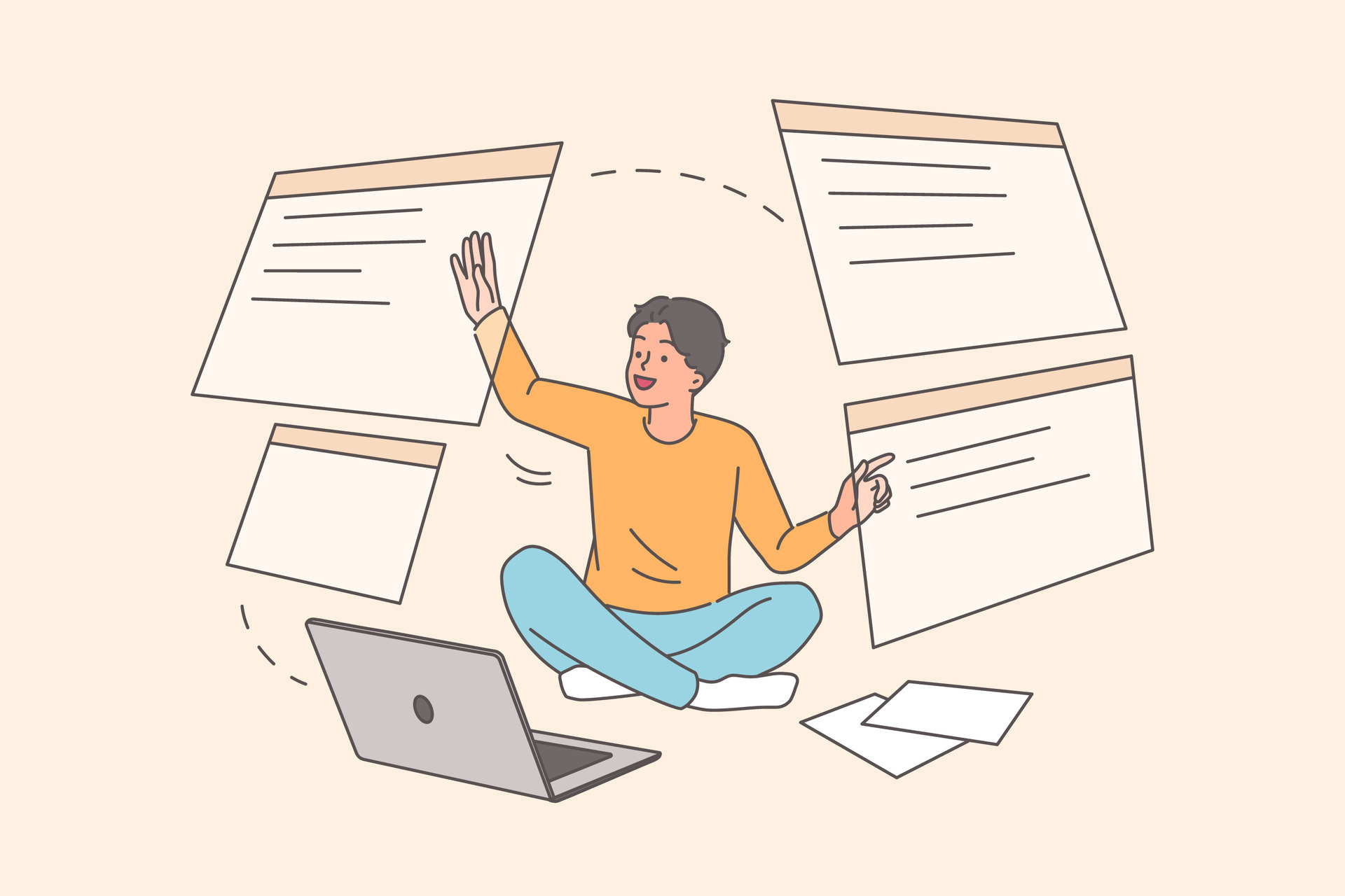 Man Programmer Develops Ui And Ux Design Using Virtual Screens Sitting On Floor Near Laptop