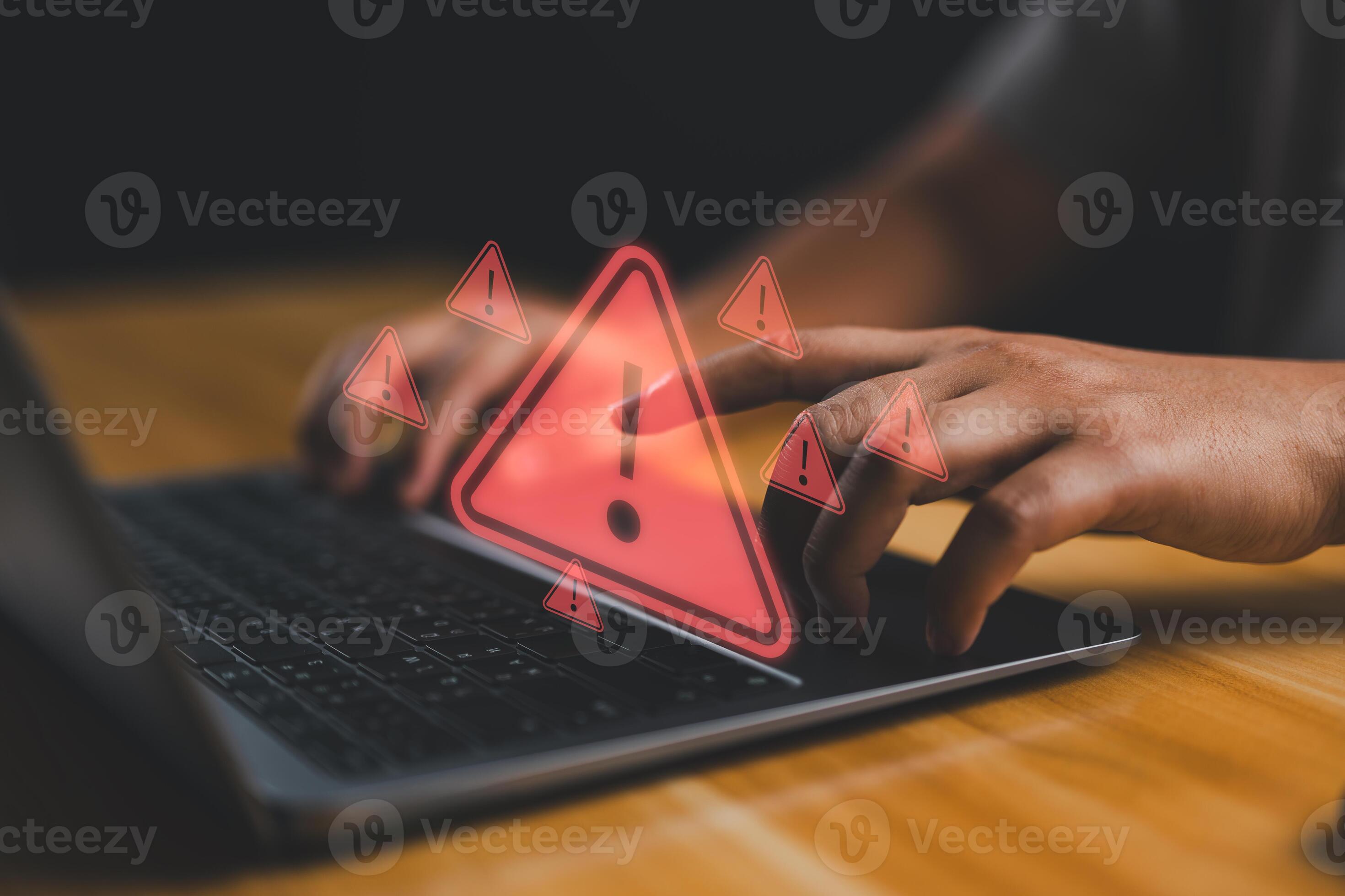 User Is Using Computer With Triangle Caution Warning Sign For Notification Error And Maintenance