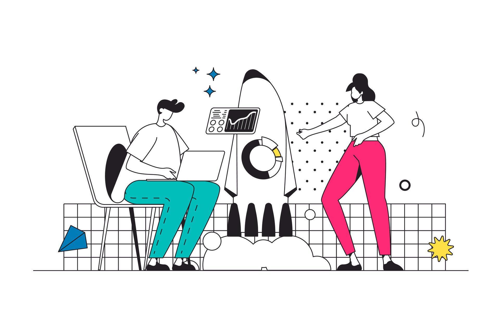 Outsourcing Company Outline Web Concept In Modern Flat Line Design Man And Woman Working From