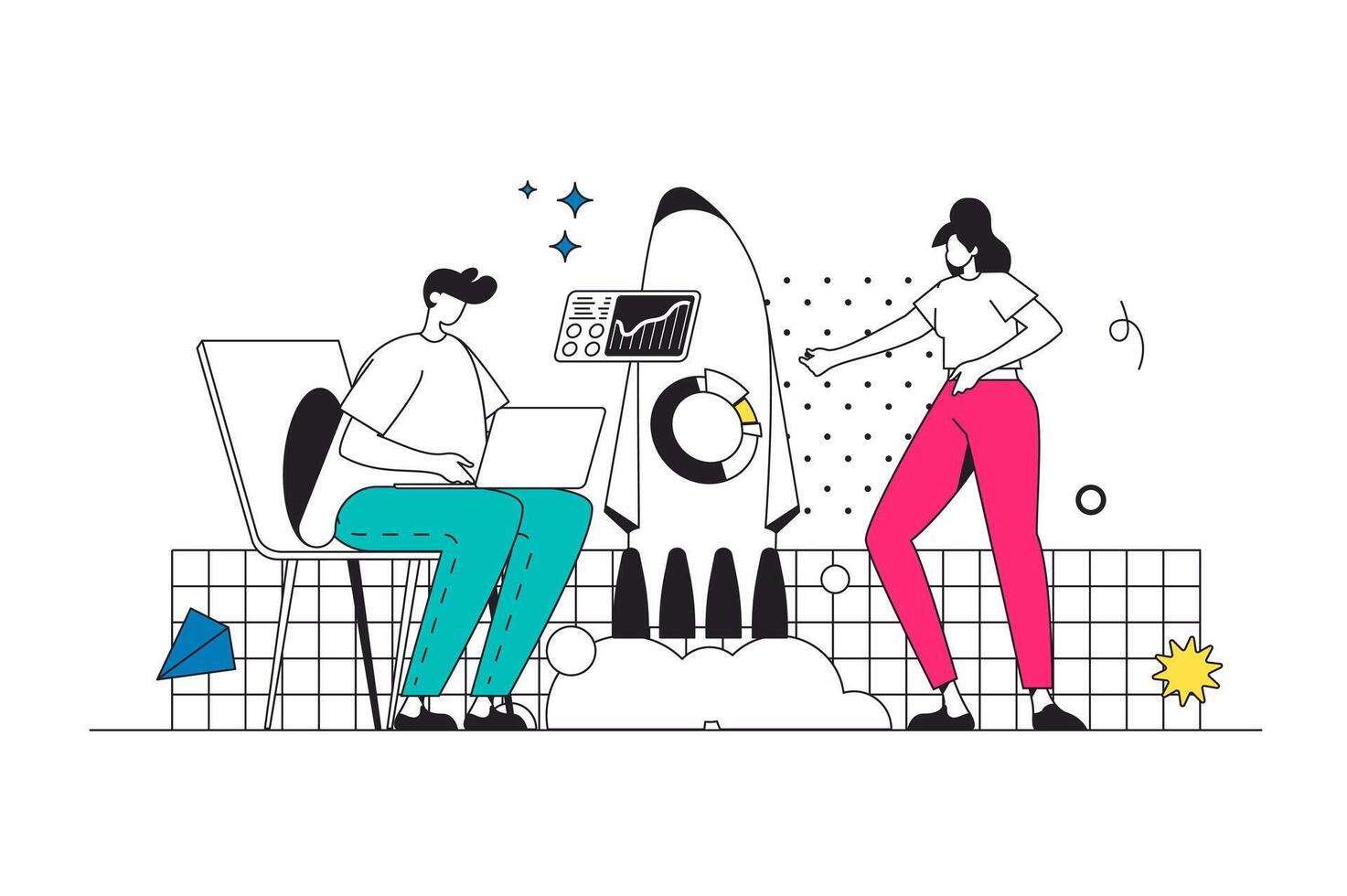 Outsourcing Company Outline Web Concept In Modern Flat Line Design Man And Woman Working From