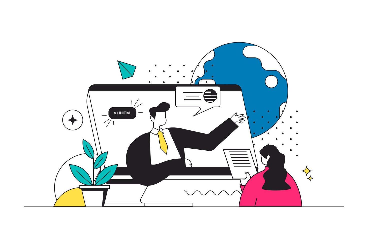 Language Courses Outline Web Concept In Modern Flat Line Design Woman Learning Foreign Language