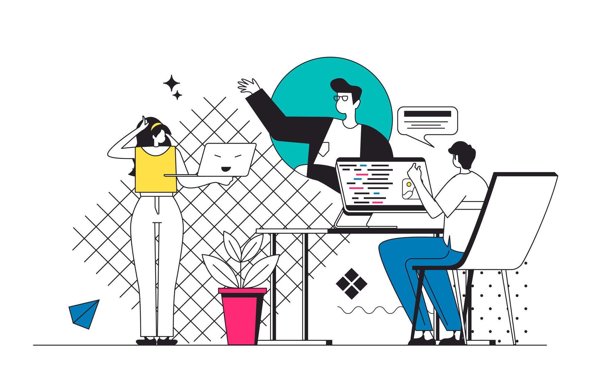 Developers Team Outline Web Concept In Modern Flat Line Design Programmers And Coding Engineers
