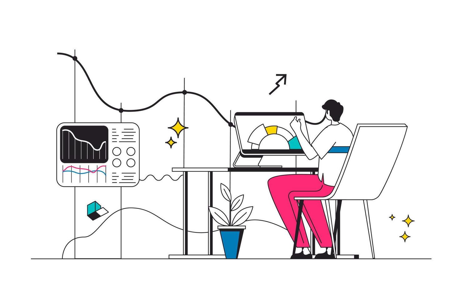 Business Statistic Outline Web Concept In Modern Flat Line Design Businessman Making Market