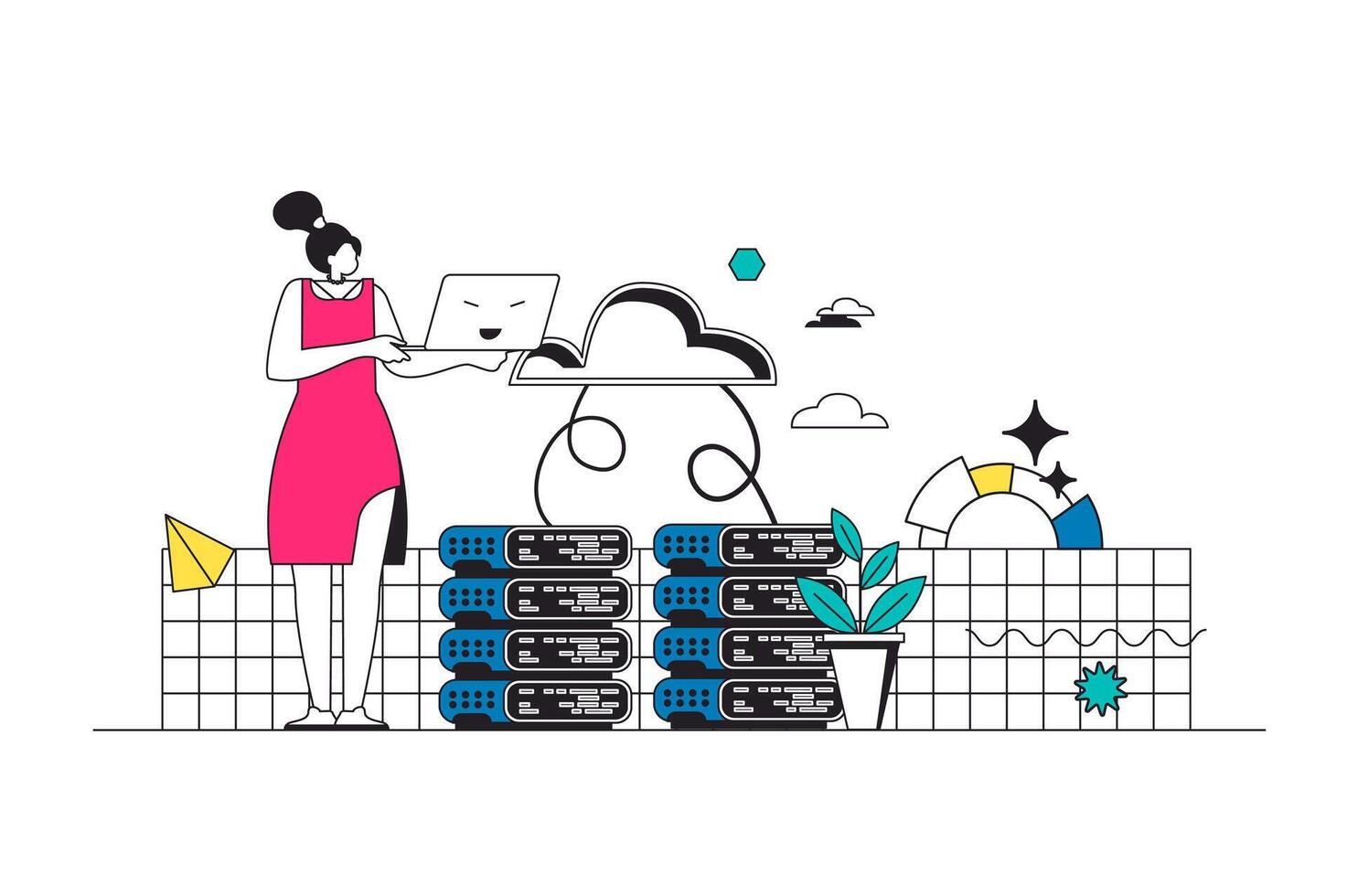 Cloud Storage Outline Web Concept In Modern Flat Line Design Woman Downloading And Uploading