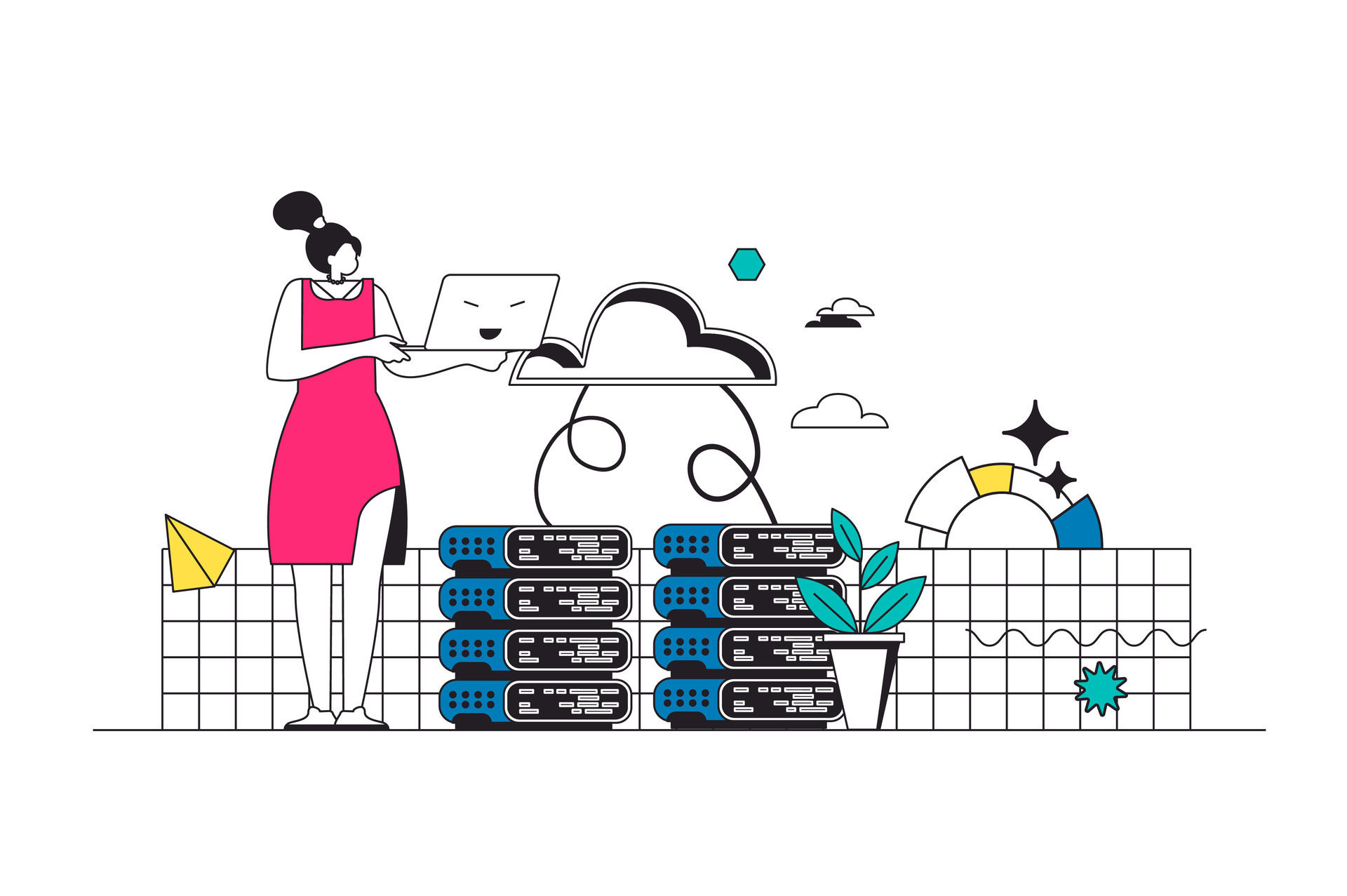 Cloud storage outline web concept in modern flat line design. Woman ...