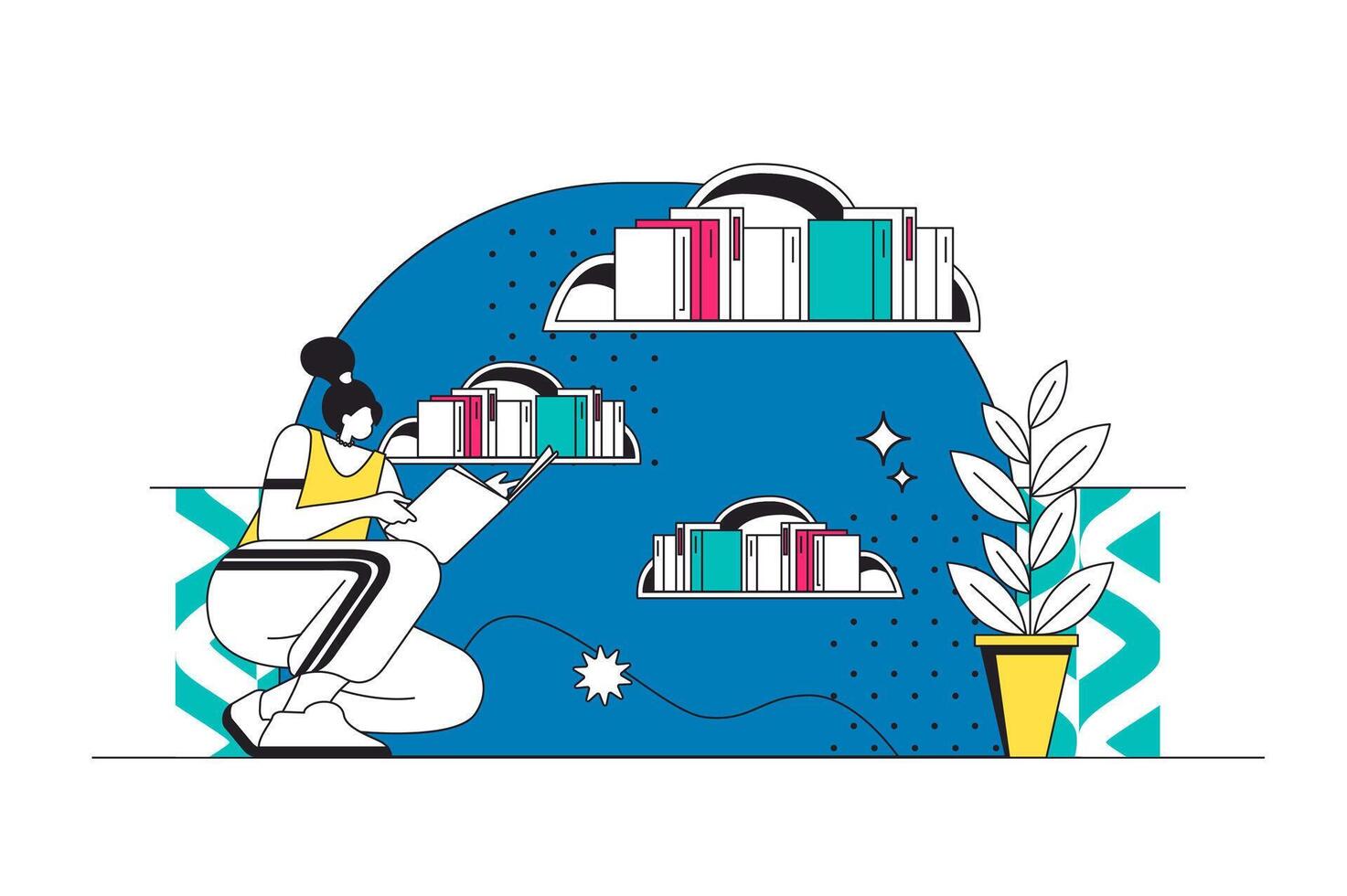 Cloud Library Outline Web Concept In Modern Flat Line Design Woman Reading Electronic Books