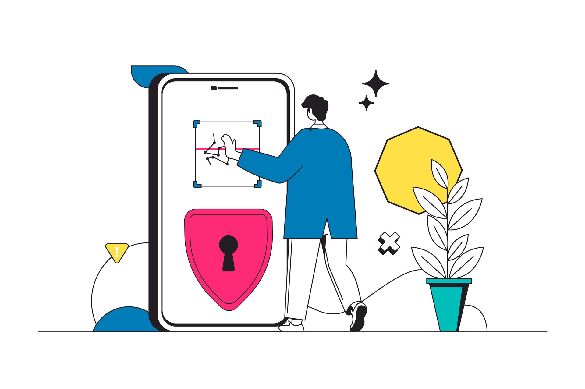 Biometric Control Outline Web Concept In Modern Flat Line Design Man Unlocking Mobile Phone