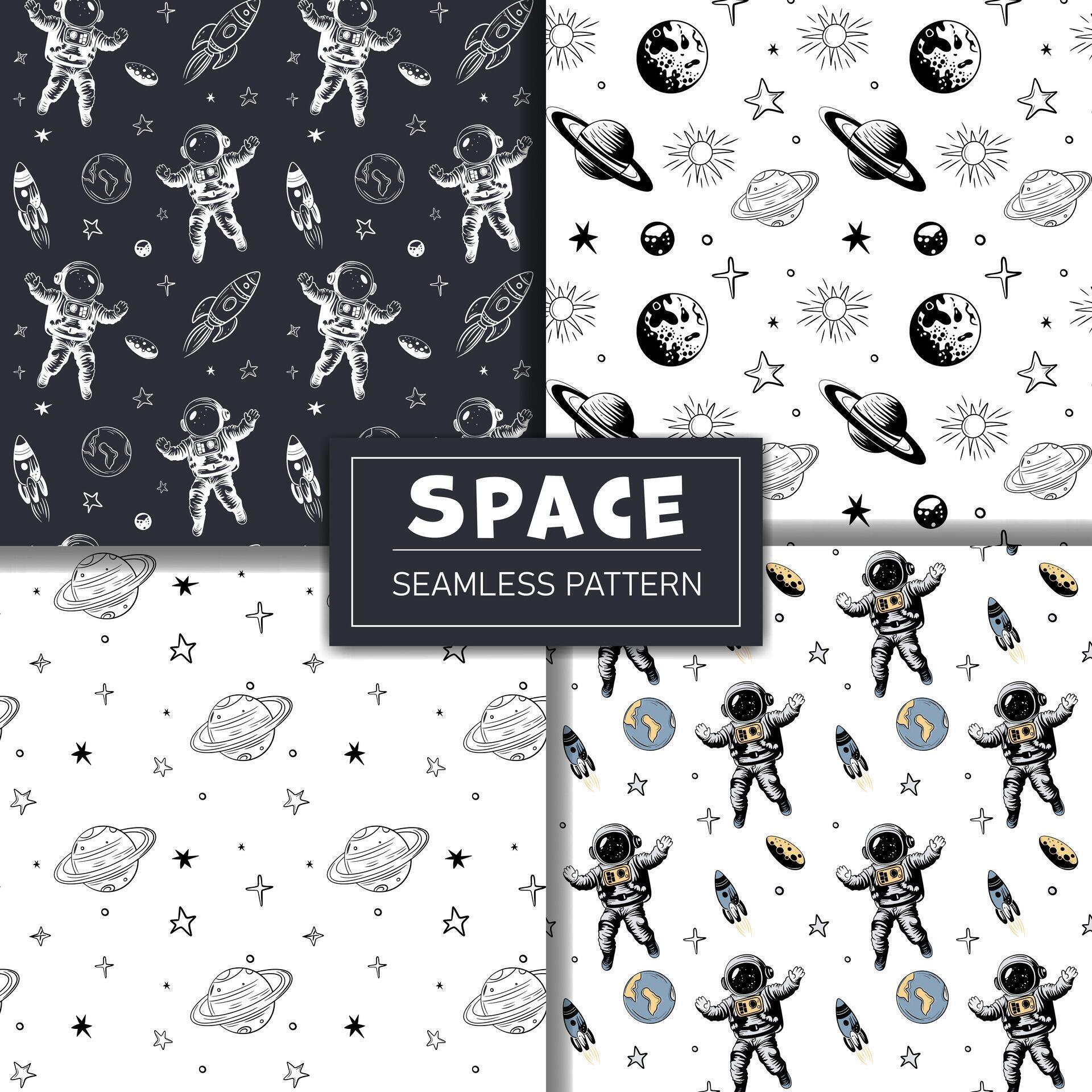 Set of monochrome space patterns. Seamless pattern with planets ...
