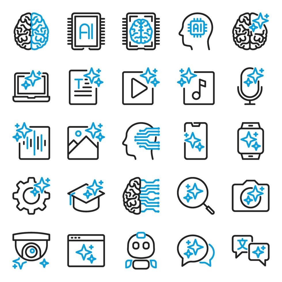 25 artificial intelligence icons in line color style, including, brain, learning machine, image ...