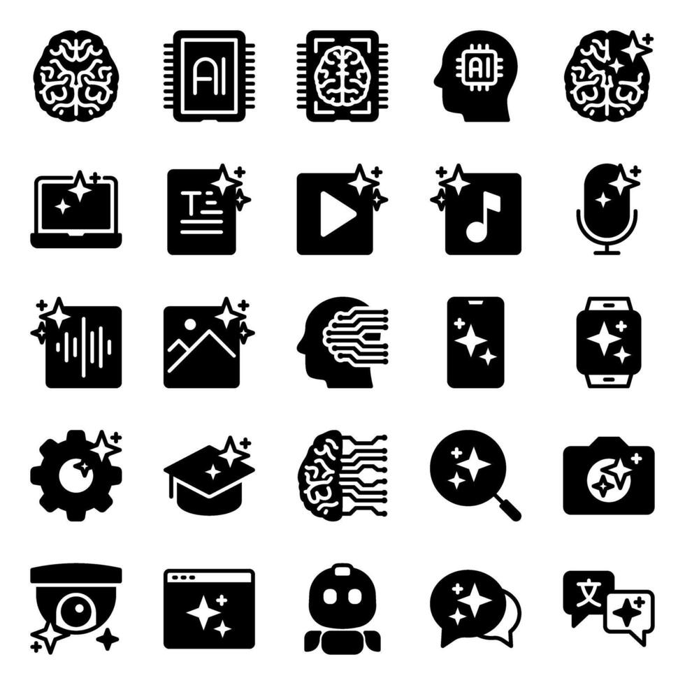 25 artificial intelligence icons in glyph style, including, brain ...