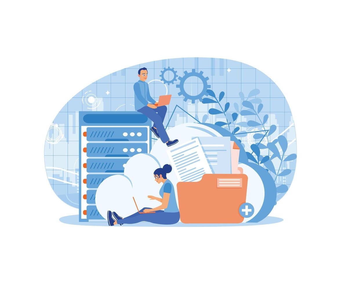 Men and women processing data online. Add files to the data center. Could Computing concept ...