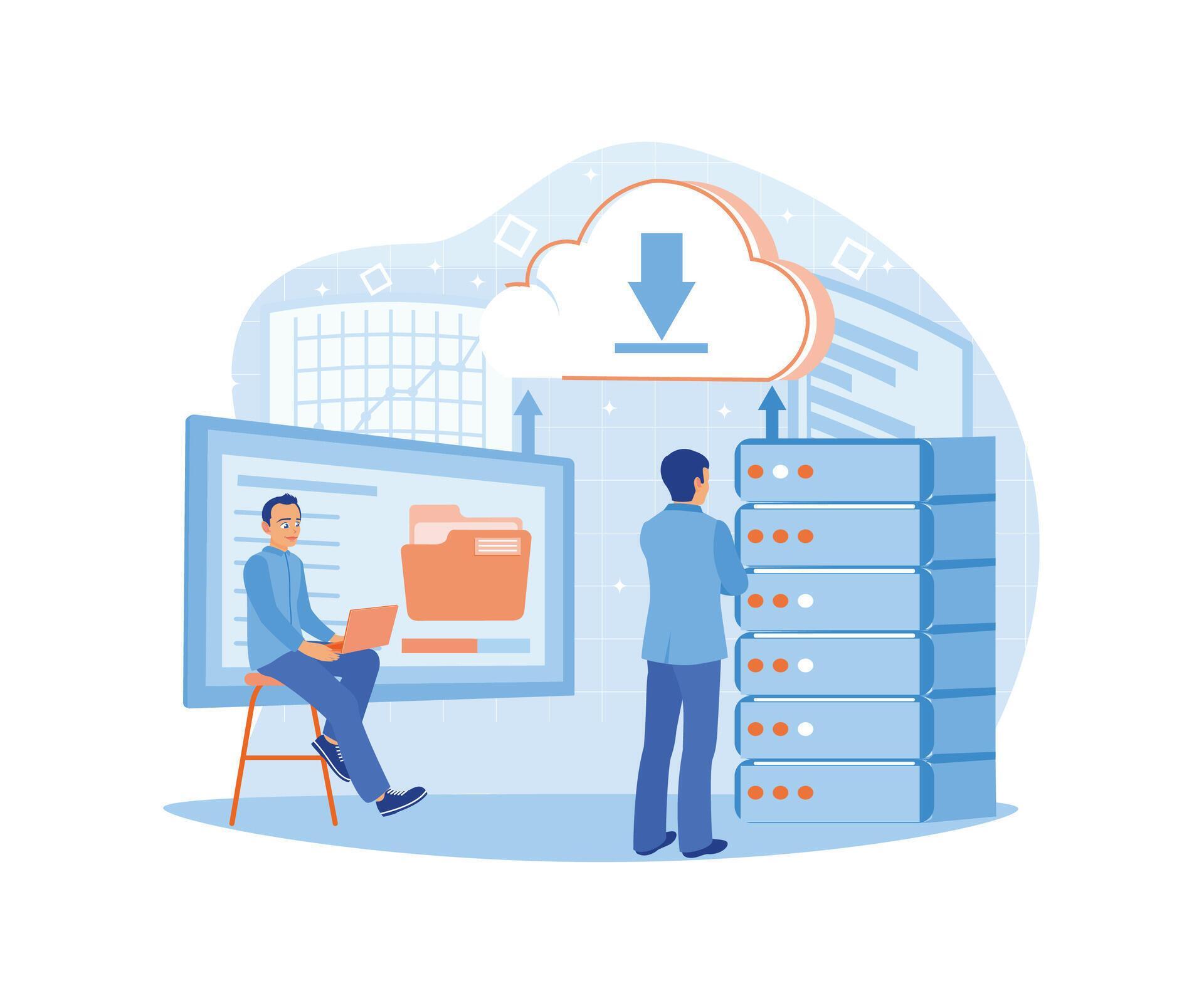 Businessman adding files to the data center. Online database storage technology. Could Computing ...