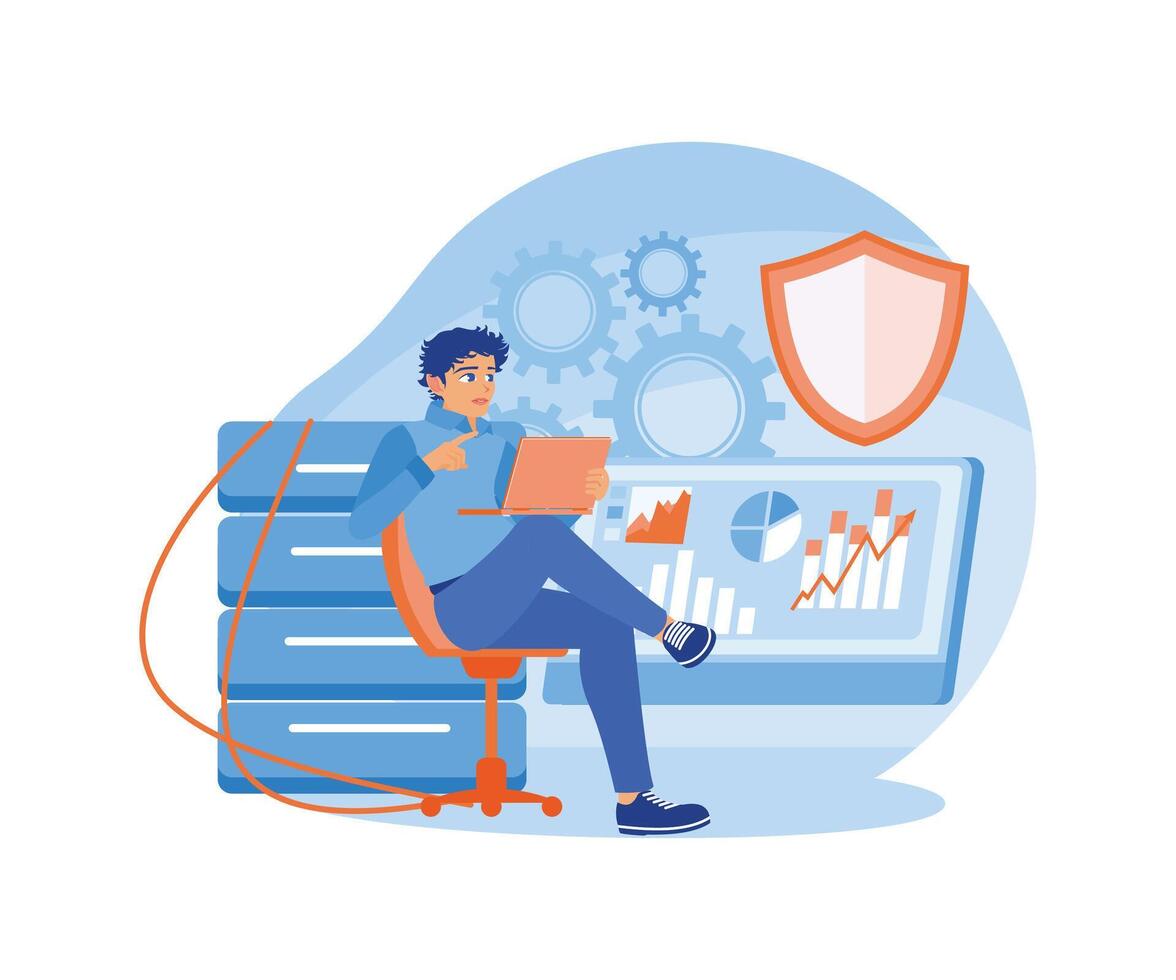 Men Save Files In The Main Folder Using A Laptop Connected To A Server Rack Database Concept