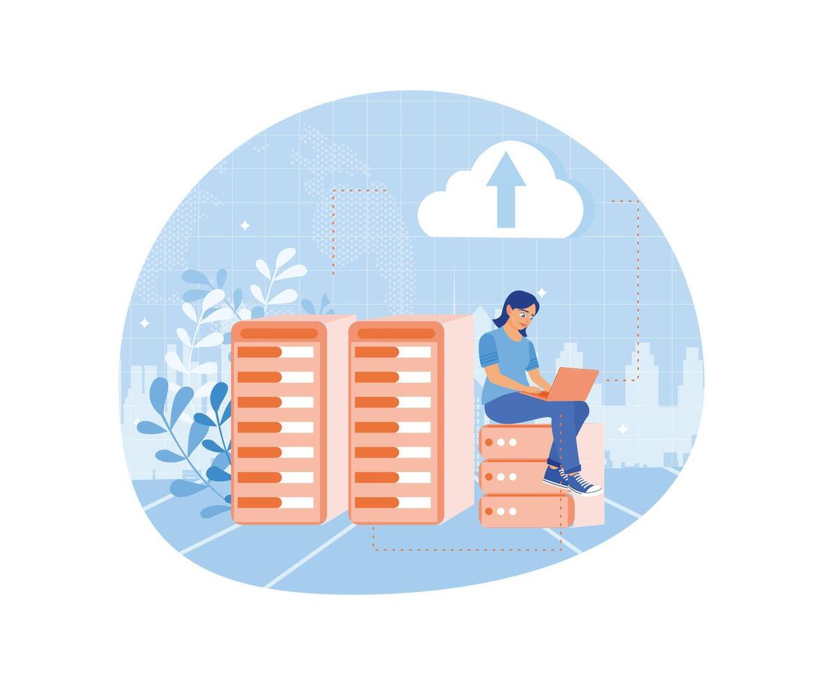 Women are working using a laptop. Storing data on a computer connected ...