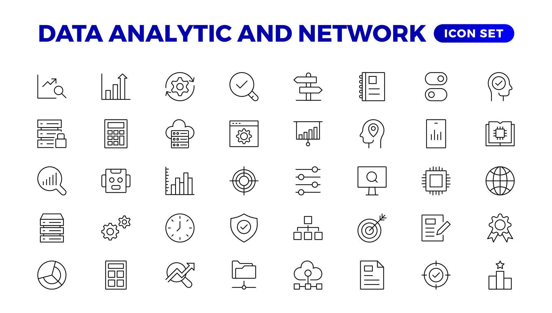 Big data analysis thin line icon set. Data processing outline ...