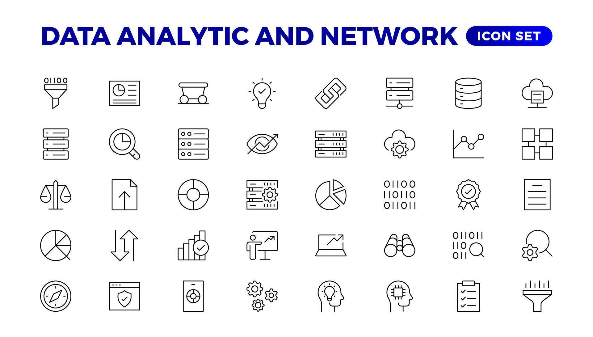 Big data analysis thin line icon set. Data processing outline ...