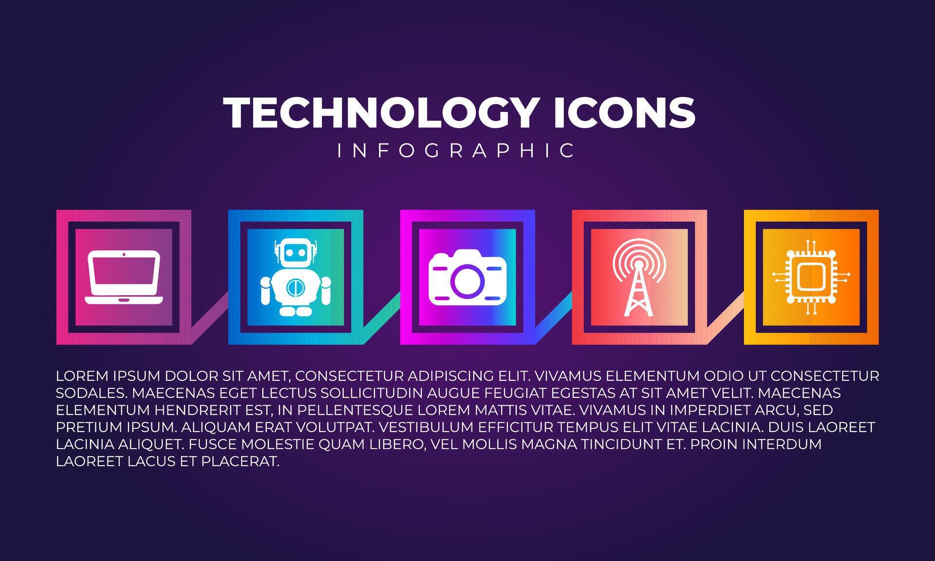 Technology icons laptop, robot, camera, wifi tower, computer chip set ...