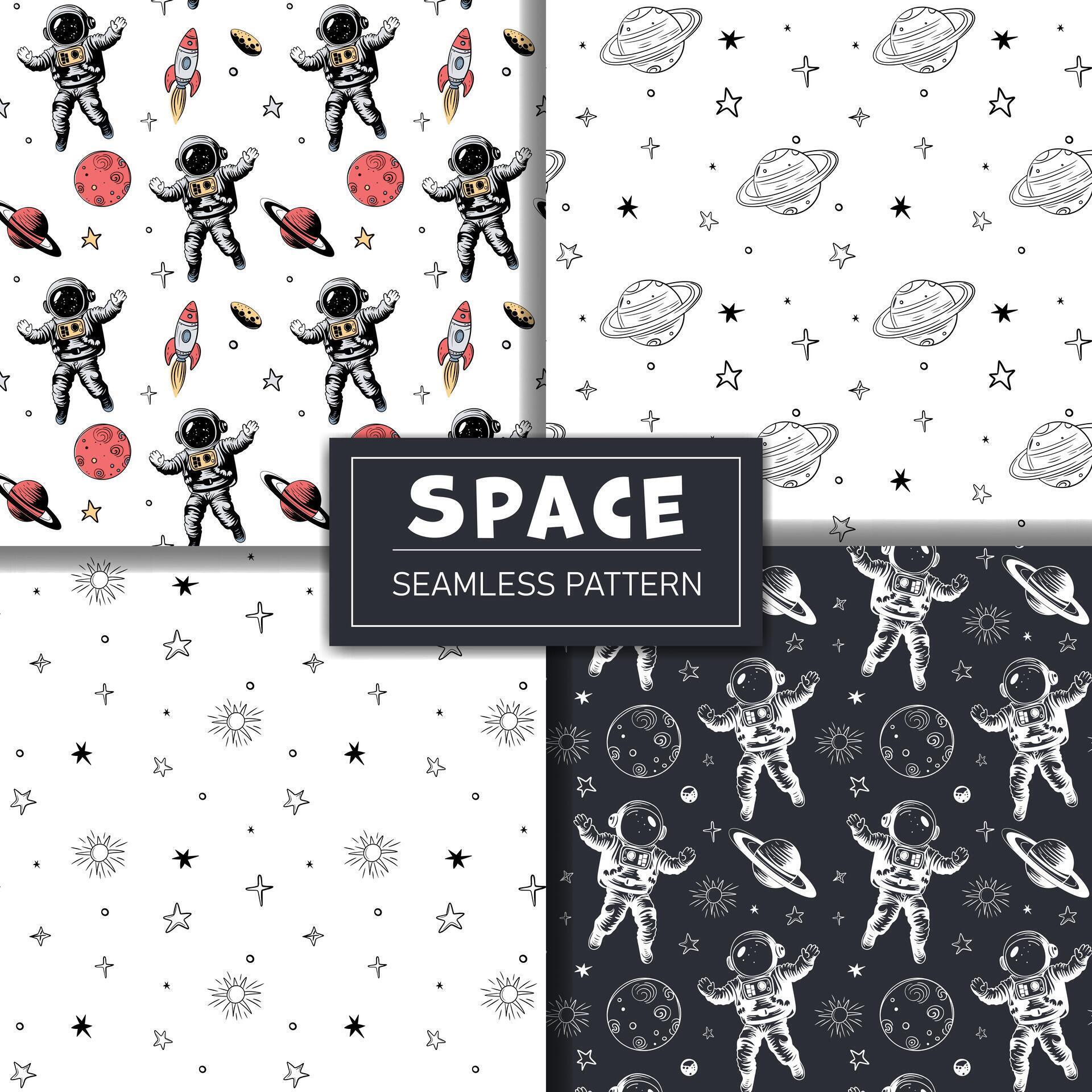 Set of monochrome space patterns. Seamless pattern with planets ...