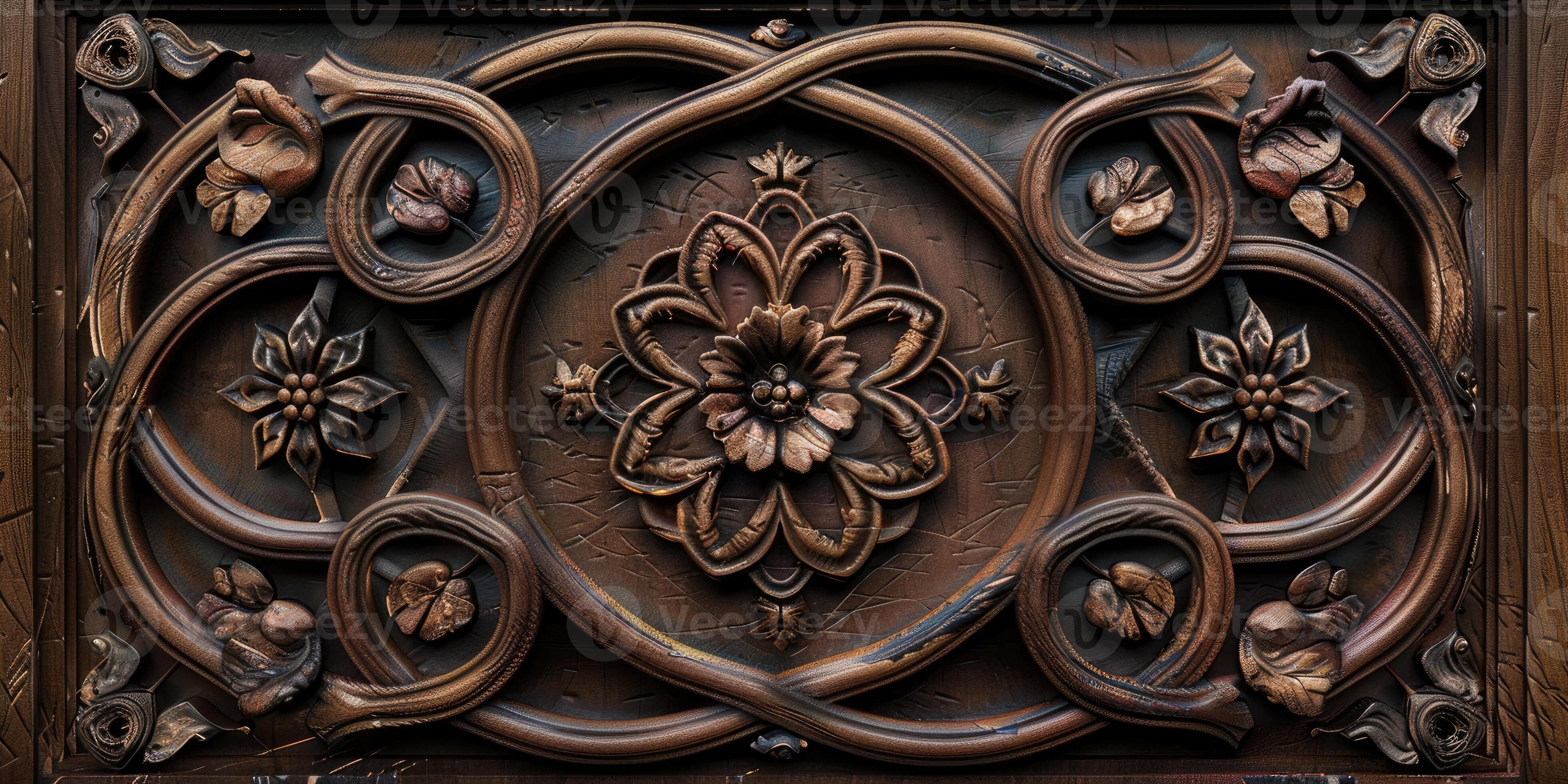 Close-up of floral pattern wood carving, showcasing the craftsmanship and artistic detail in the ...