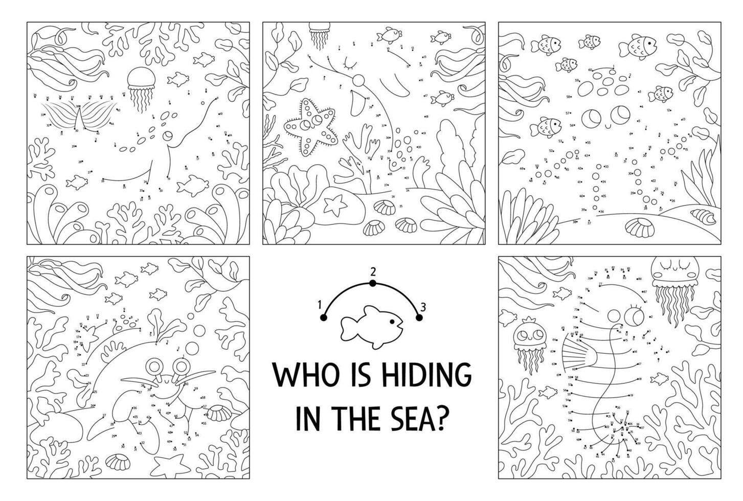 dot-to-dot and color activities set with cute water animals hidden in ...