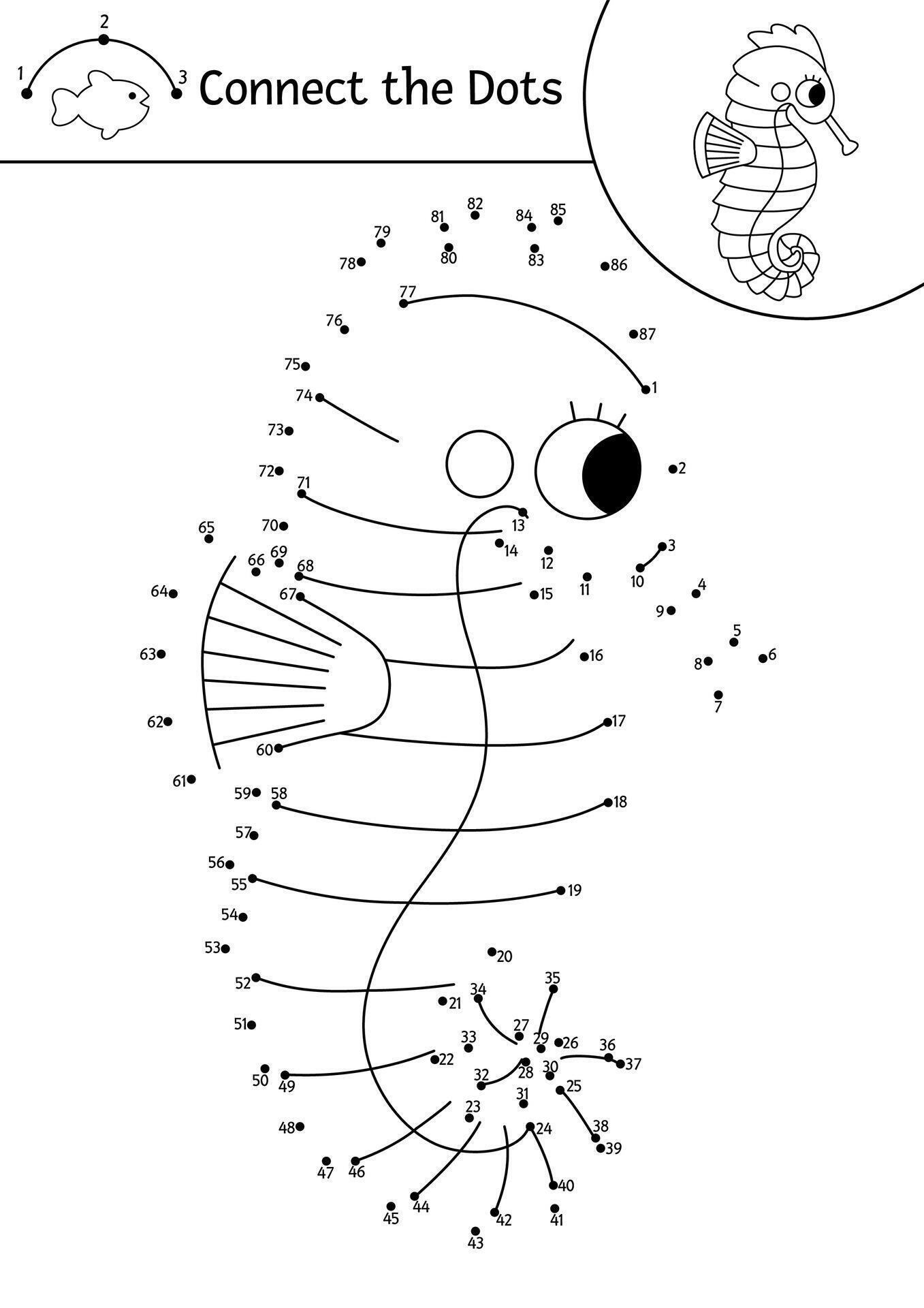 dot-to-dot and color activity with cute seahorse. Under the sea connect ...