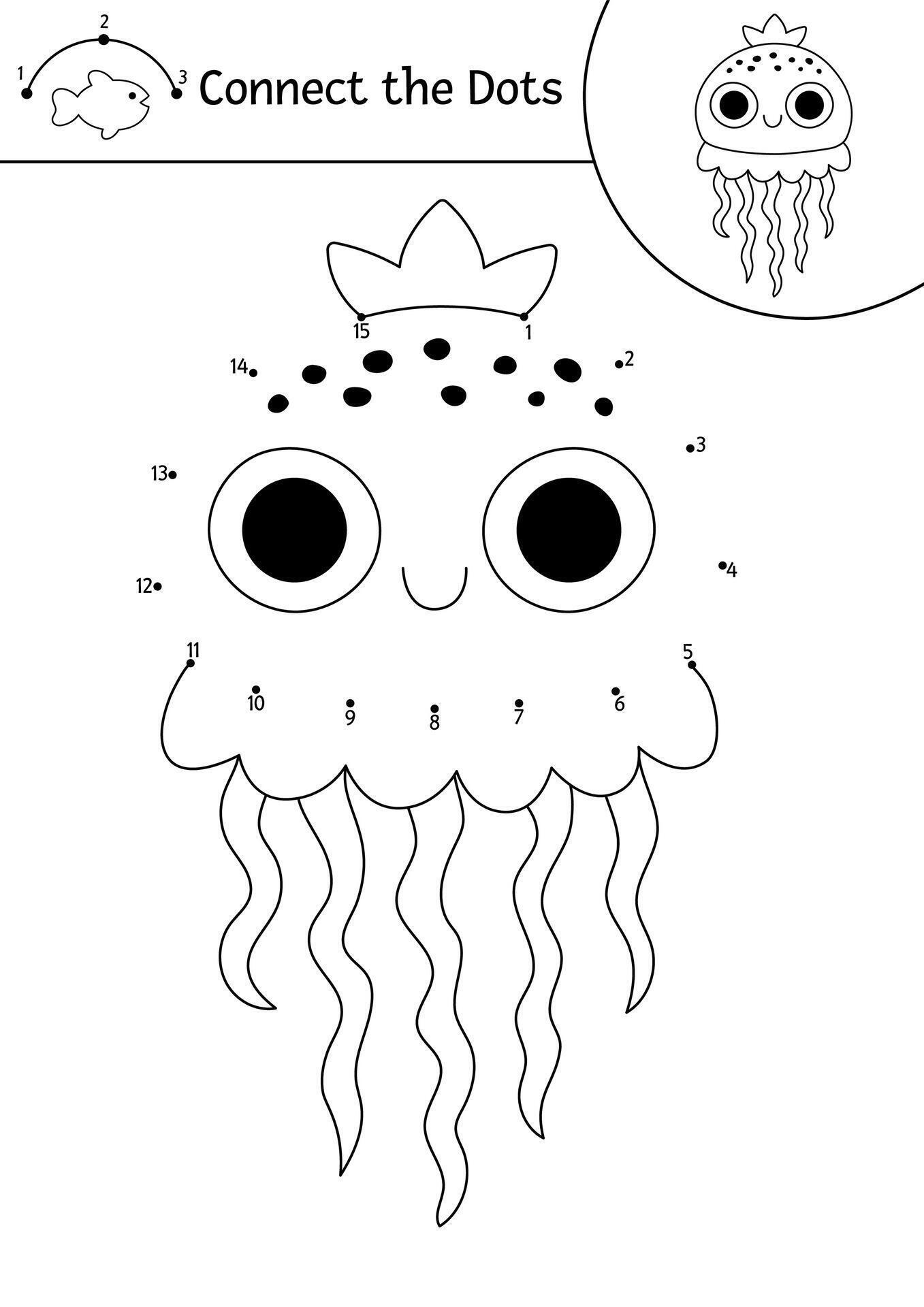 dot-to-dot and color activity with cute jellyfish. Under the sea ...