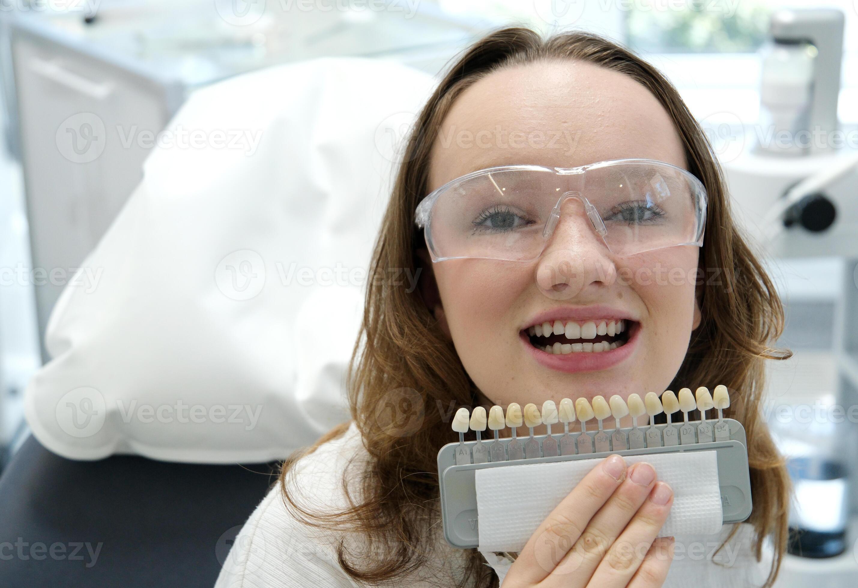 Tooth Whitening Perfect White Crown Teeth Close Up With Shade Guide