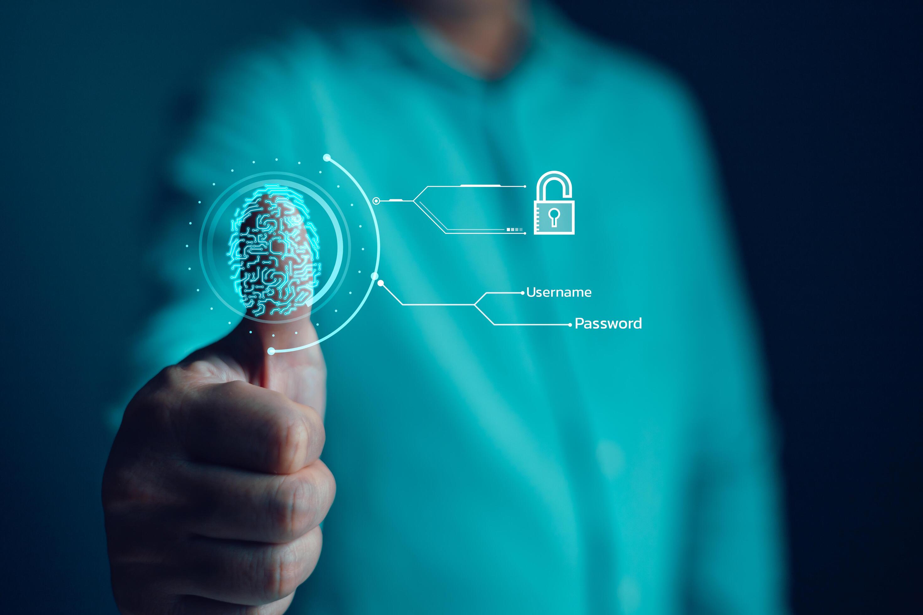 Businessman protecting personal data on fingerprint scan with virtual ...