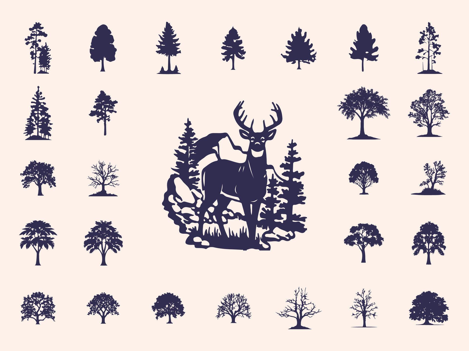 Silhouettes Trees Set, Pine Tree fir pruce cedar white patch alder elm ...