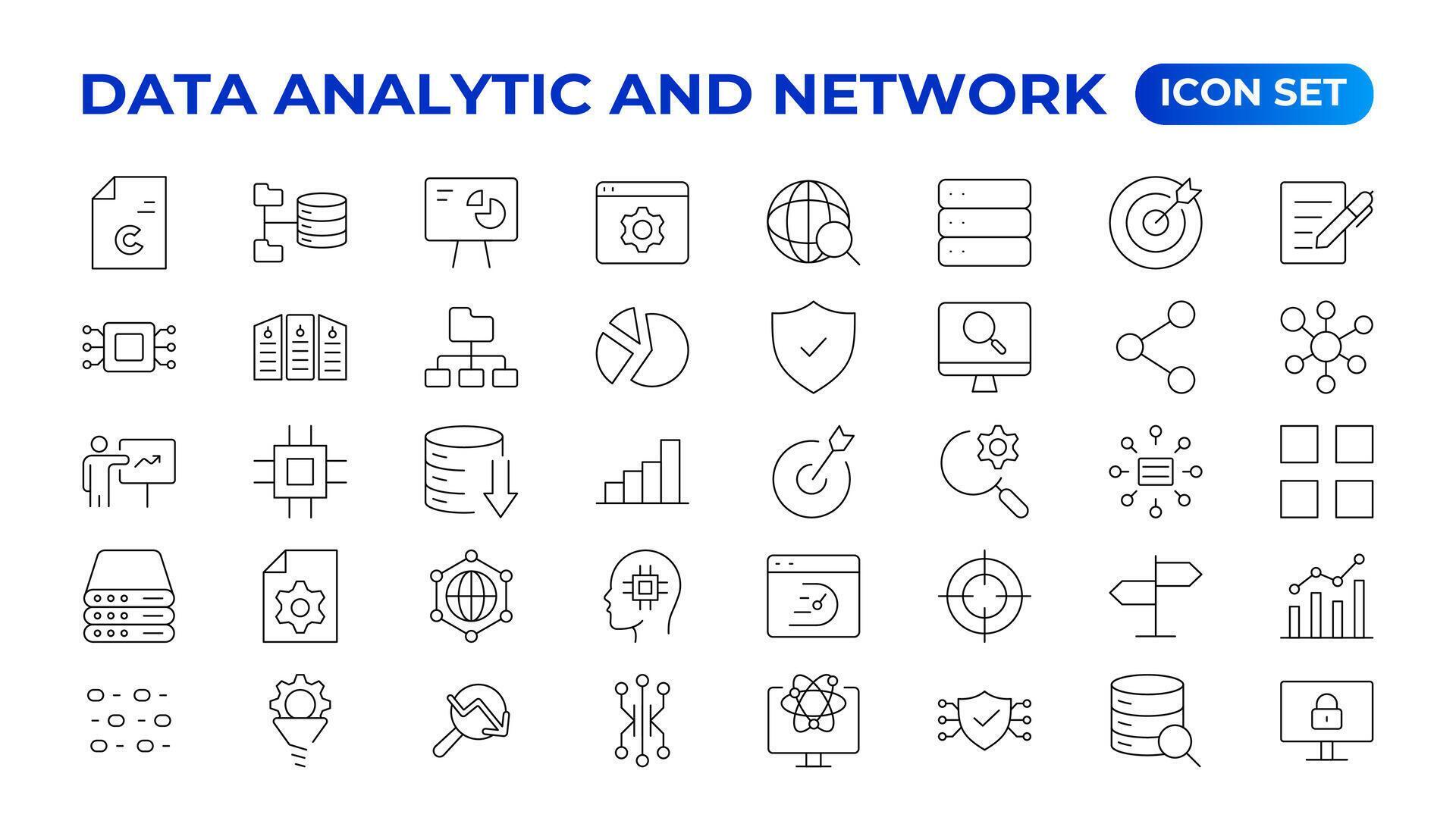 Big data analysis thin line icon set. Data processing outline ...