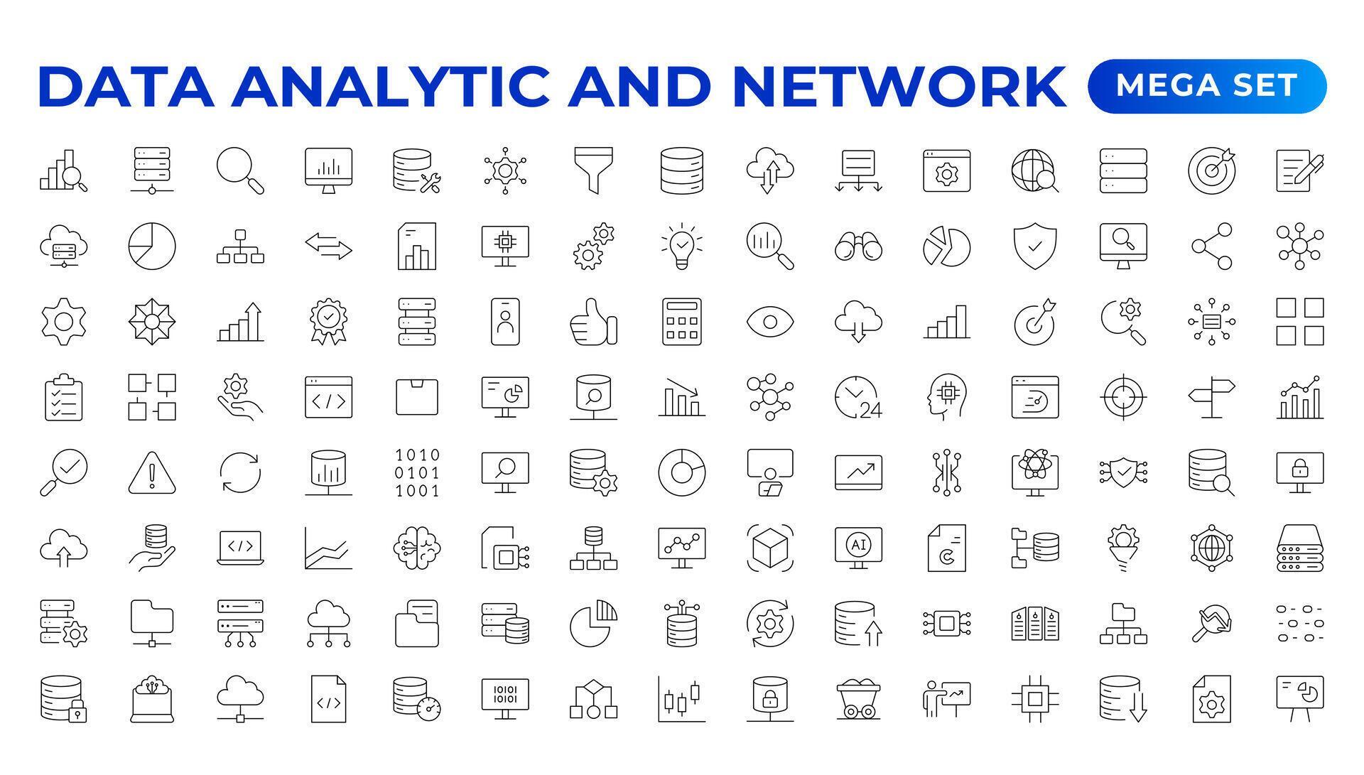 Big data analysis thin line icon set. Data processing outline pictograms for website and mobile ...