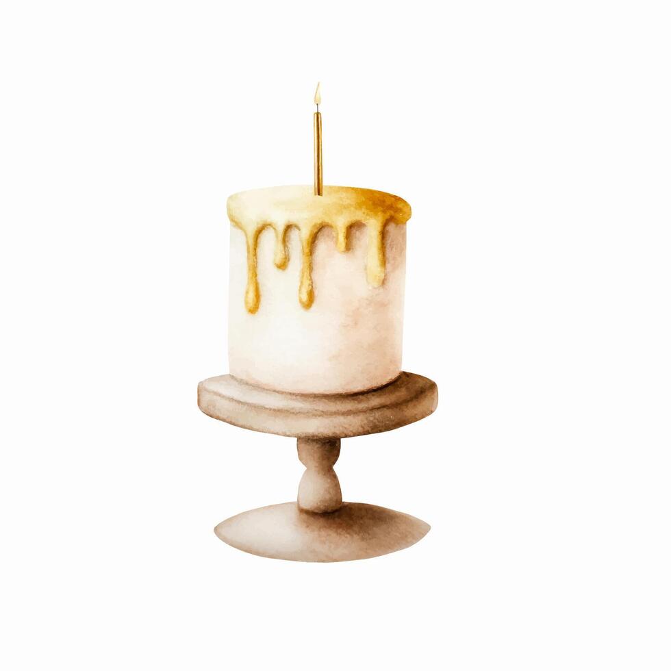 Watercolor birthday, holiday cake with golden candle on a wood stand ...