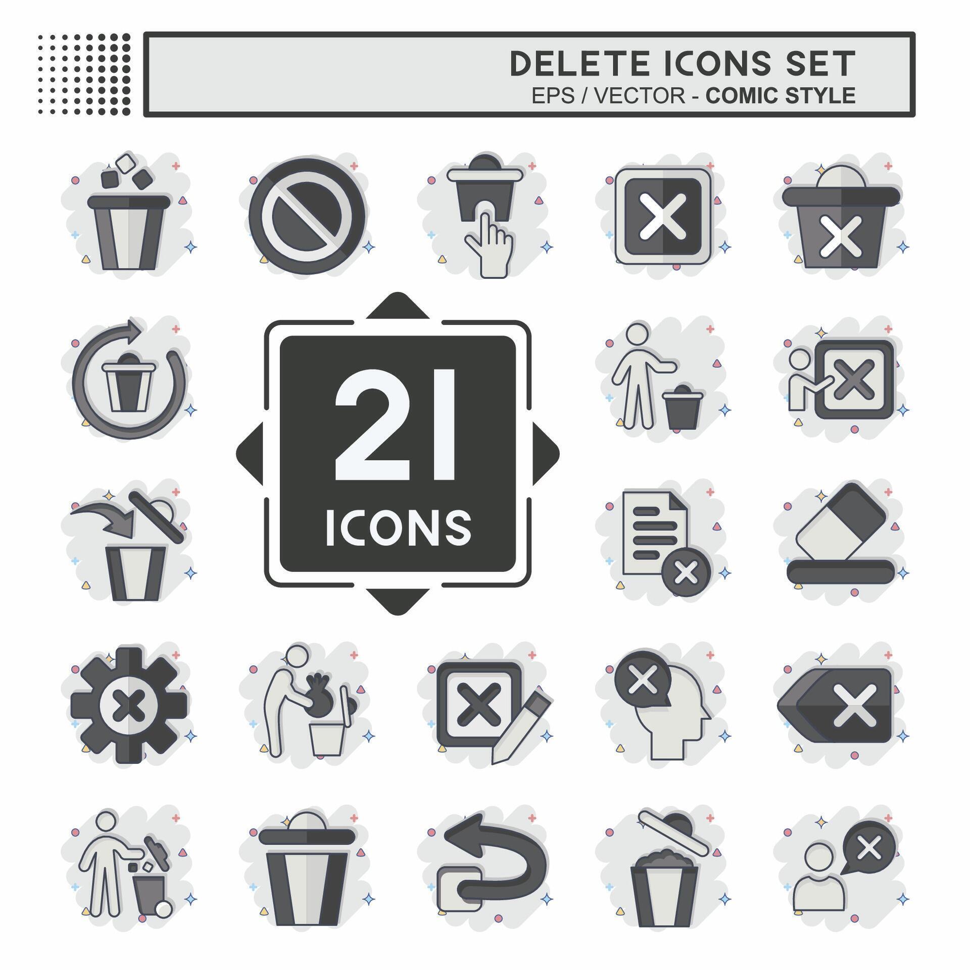 Icon Set Delete. related to Delete Button symbol. comic style. simple ...