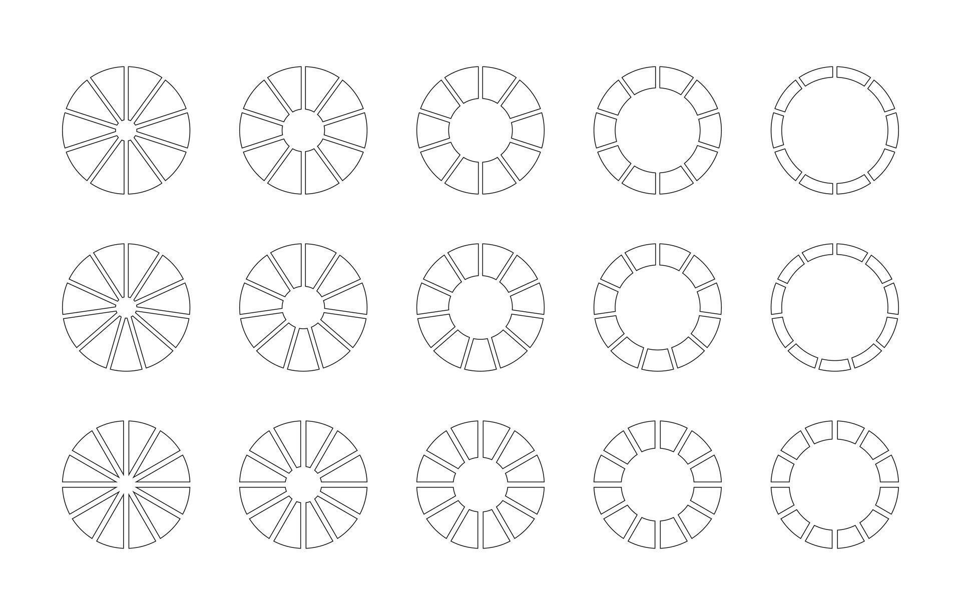 Circle division on 10, 11, 12 equal parts. Wheel round divided diagrams ten, eleven, twelve ...