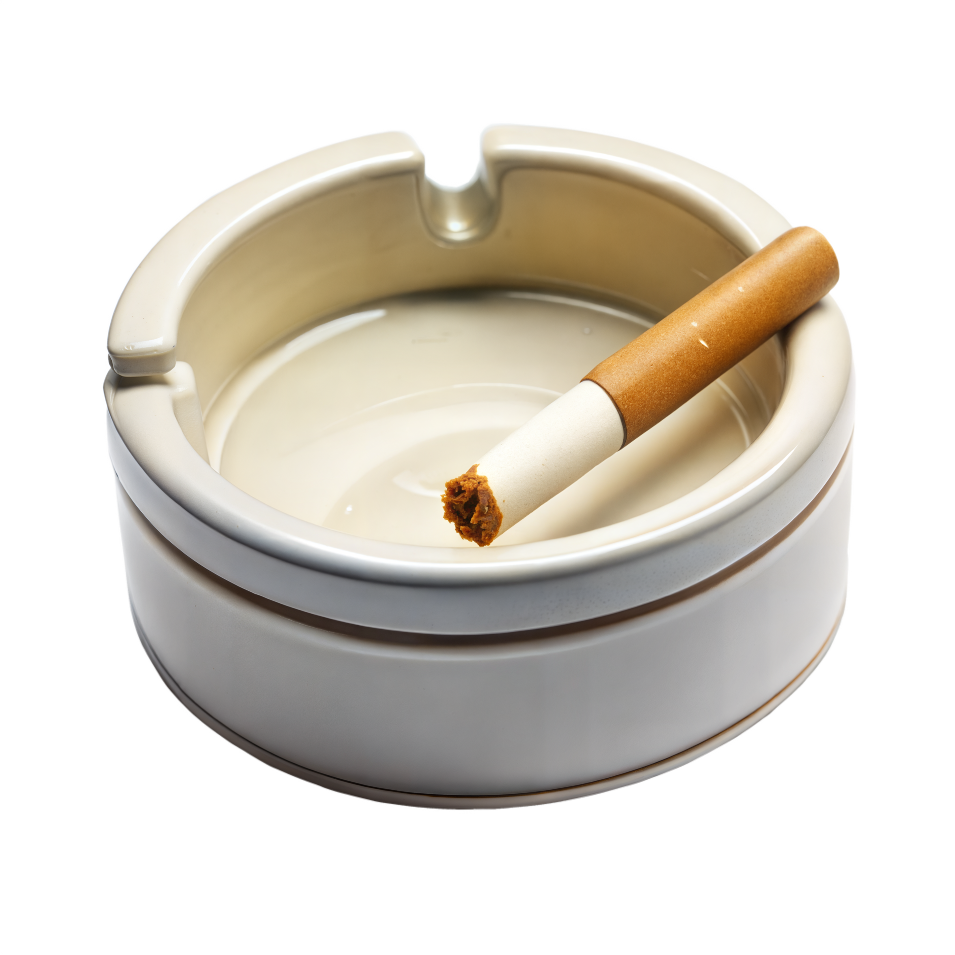 A Close Up Image Of A White Ceramic Ashtray With A Half Smoked Cigarette Resting Inside 45995818 Png