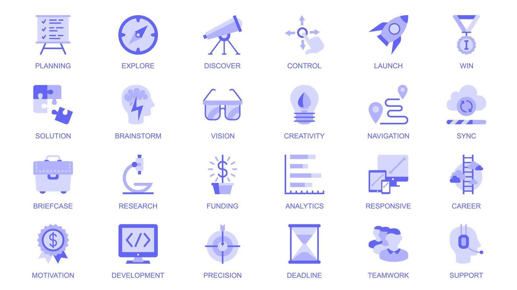 Startup web icons set in duotone flat design. Pack pictograms with planning, explore, discover ...