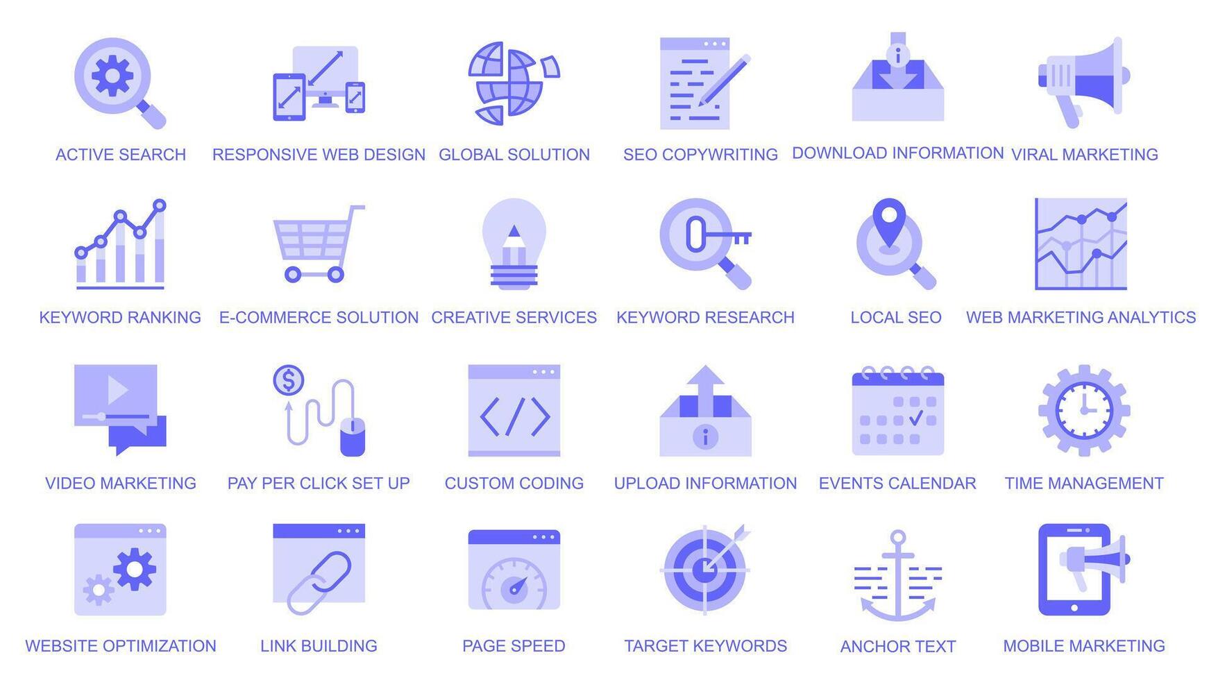 Seo Optimization Web Icons Set In Duotone Flat Design Pack Pictograms With Active Search