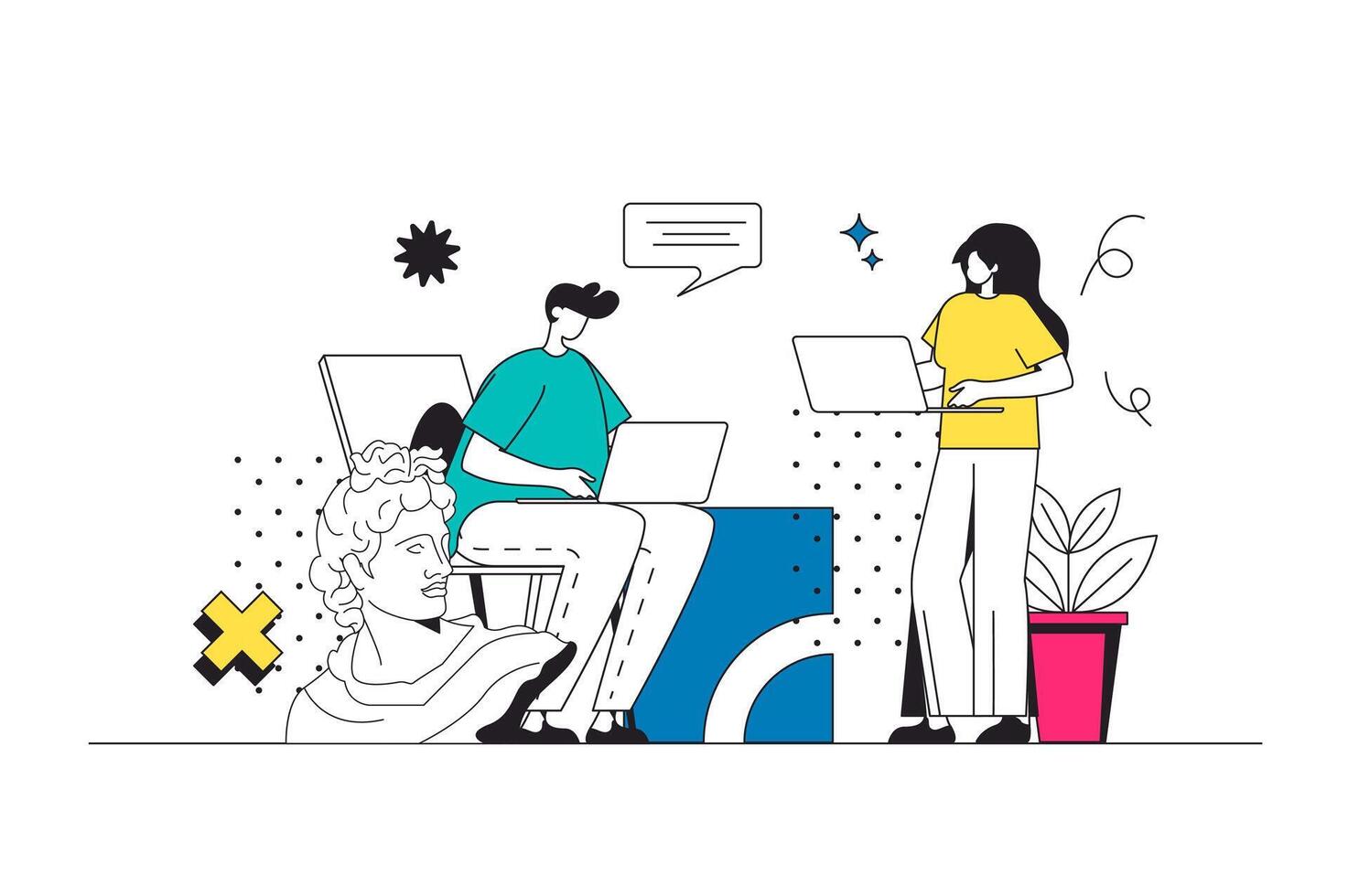 Creative Agency Outline Web Concept In Modern Flat Line Design Designer Team Brainstorming And