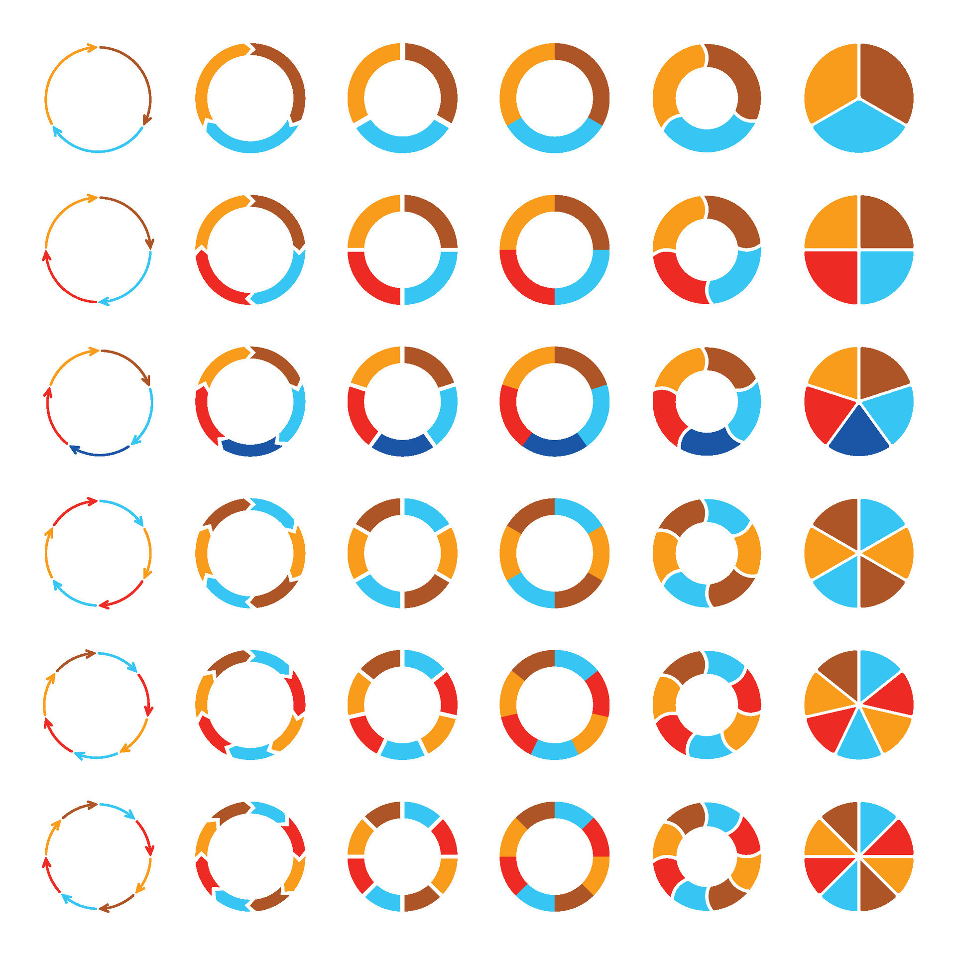 Segmented and multicolored pie charts and arrows set with 3, 4, 5, 6, 7 and 8 divisions ...