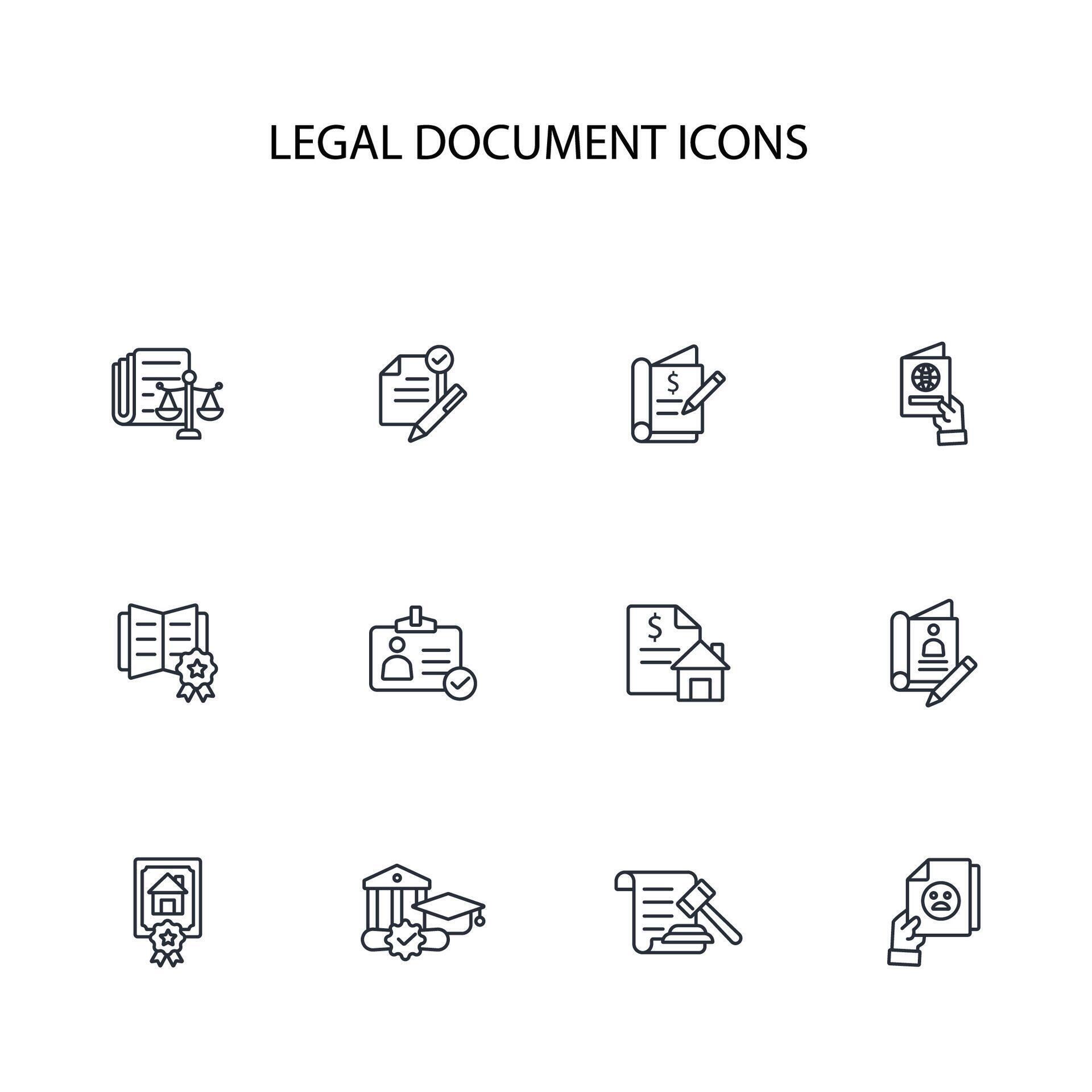 Legal document icon set..Editable stroke.linear style sign for use web ...