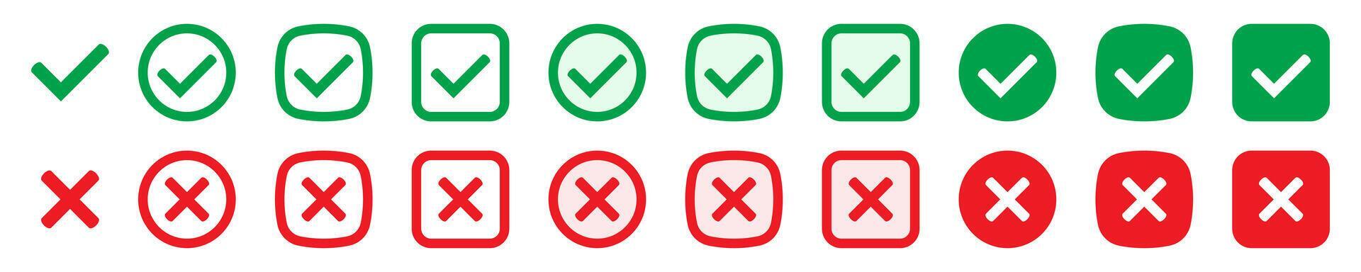 Right or wrong icons. Green tick and red cross checkmarks. Yes or no symbol, approved or ...