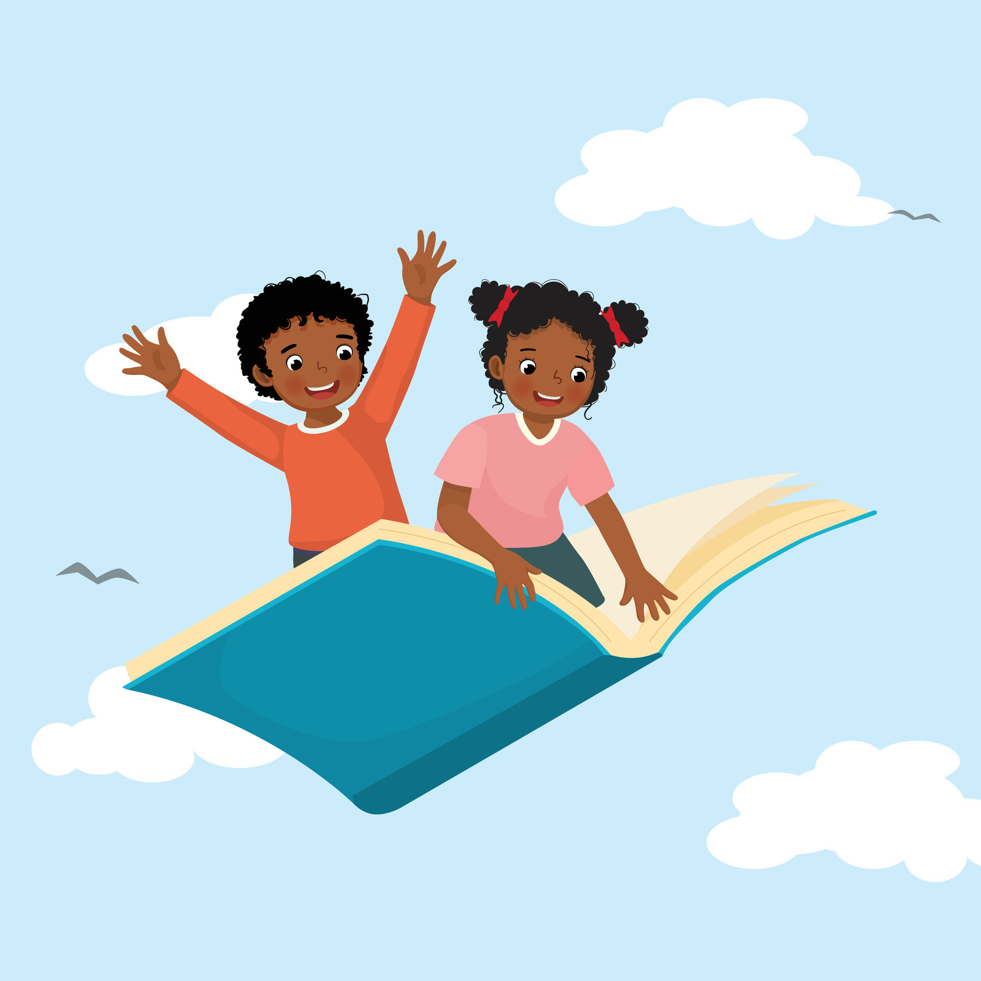 Cute African school kids flying on a big open book in the blue sky 46022676 Vector Art at Vecteezy