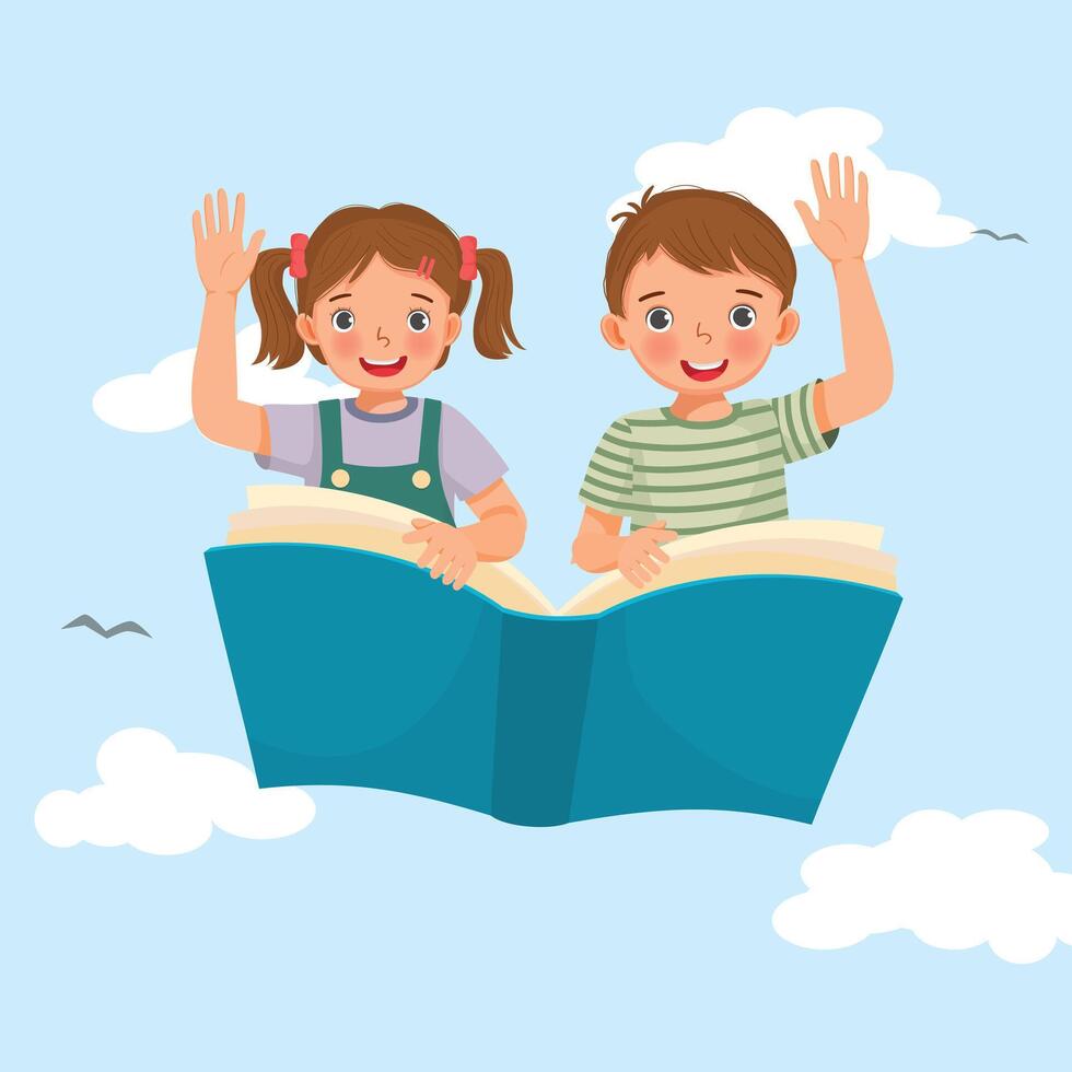 Cute school kids flying on a big open book waving hands in the blue sky 46022677 Vector Art at ...