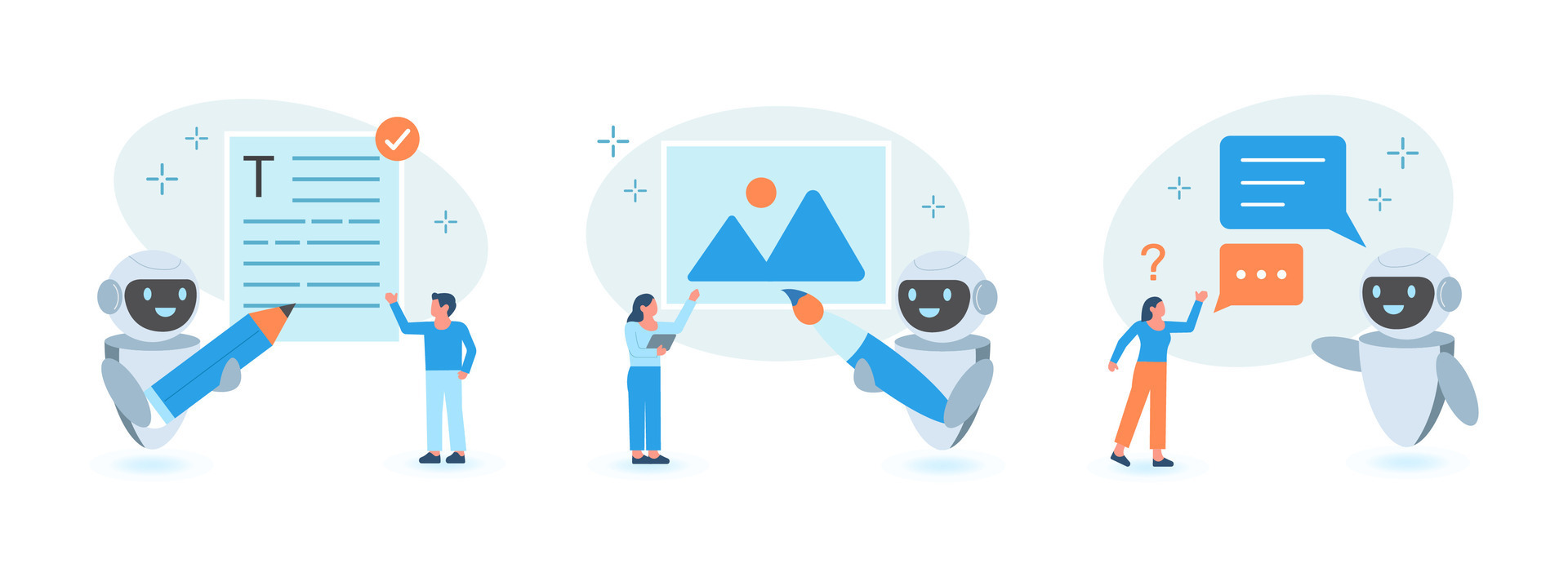 Artificial intelligence set. Characters using Ai technology for copyrighting, image creation and ...