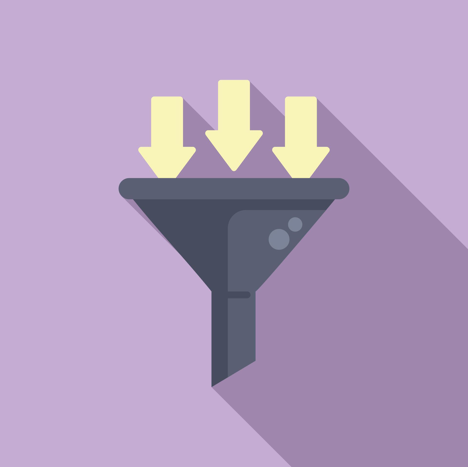 Flat Design Of A Funnel With Arrows Representing Data Sorting Or