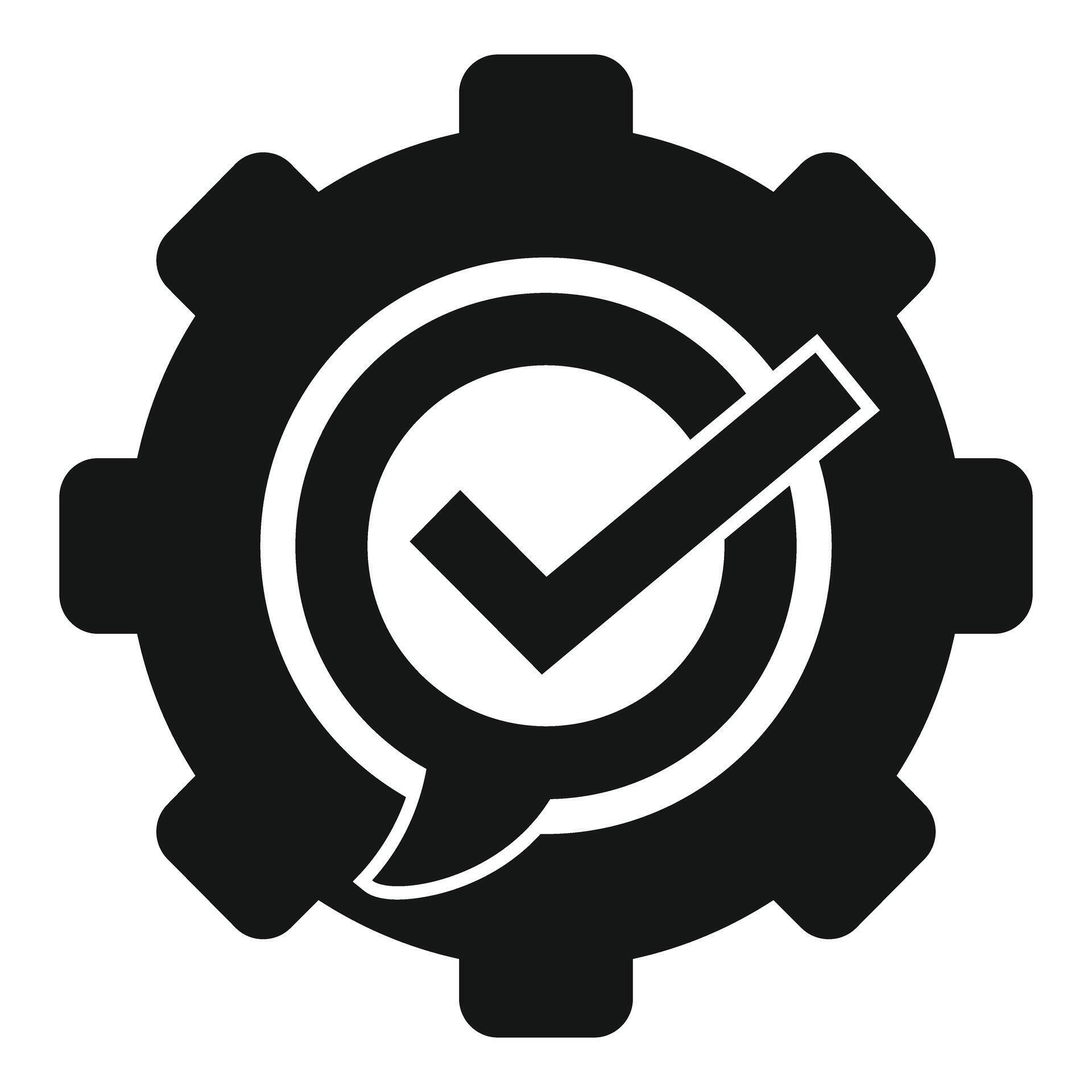 Black and white quality check icon with a check mark inside a gear ...