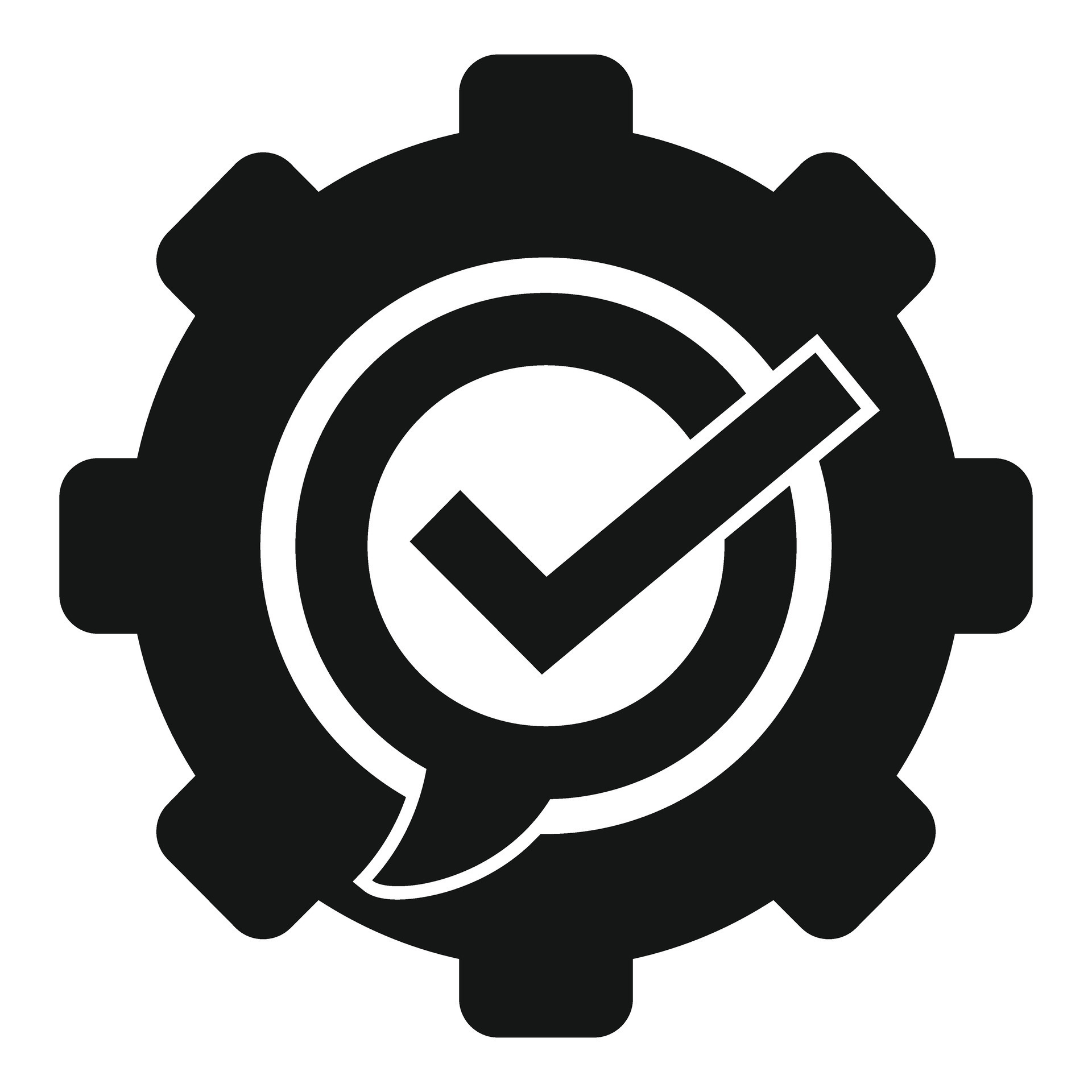 Black and white quality check icon with a check mark inside a gear ...