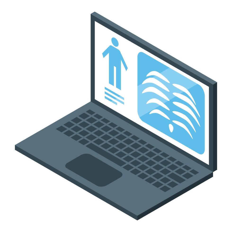 Isometric icon of laptop with user profile and data visualization ...